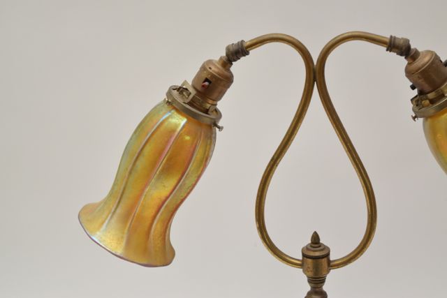 Art Nouveau Two Light Table Lamp with Signed Steuben Trumpet Glass ...