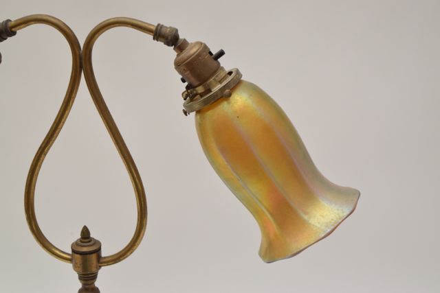 Art Nouveau Two Light Table Lamp with Signed Steuben Trumpet Glass ...