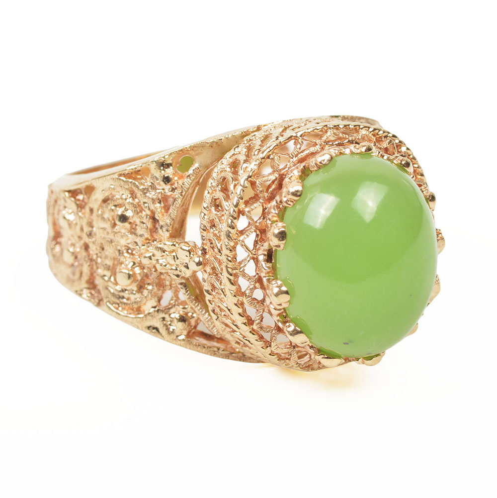 10K Yellow Gold Ornate Cabochon Nephrite Jade Ring | EBTH