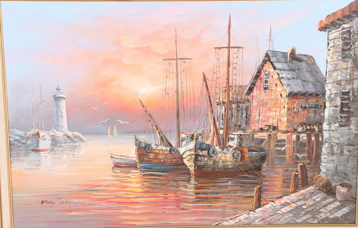 Original Max Savy Oil Painting of a Harbor | EBTH