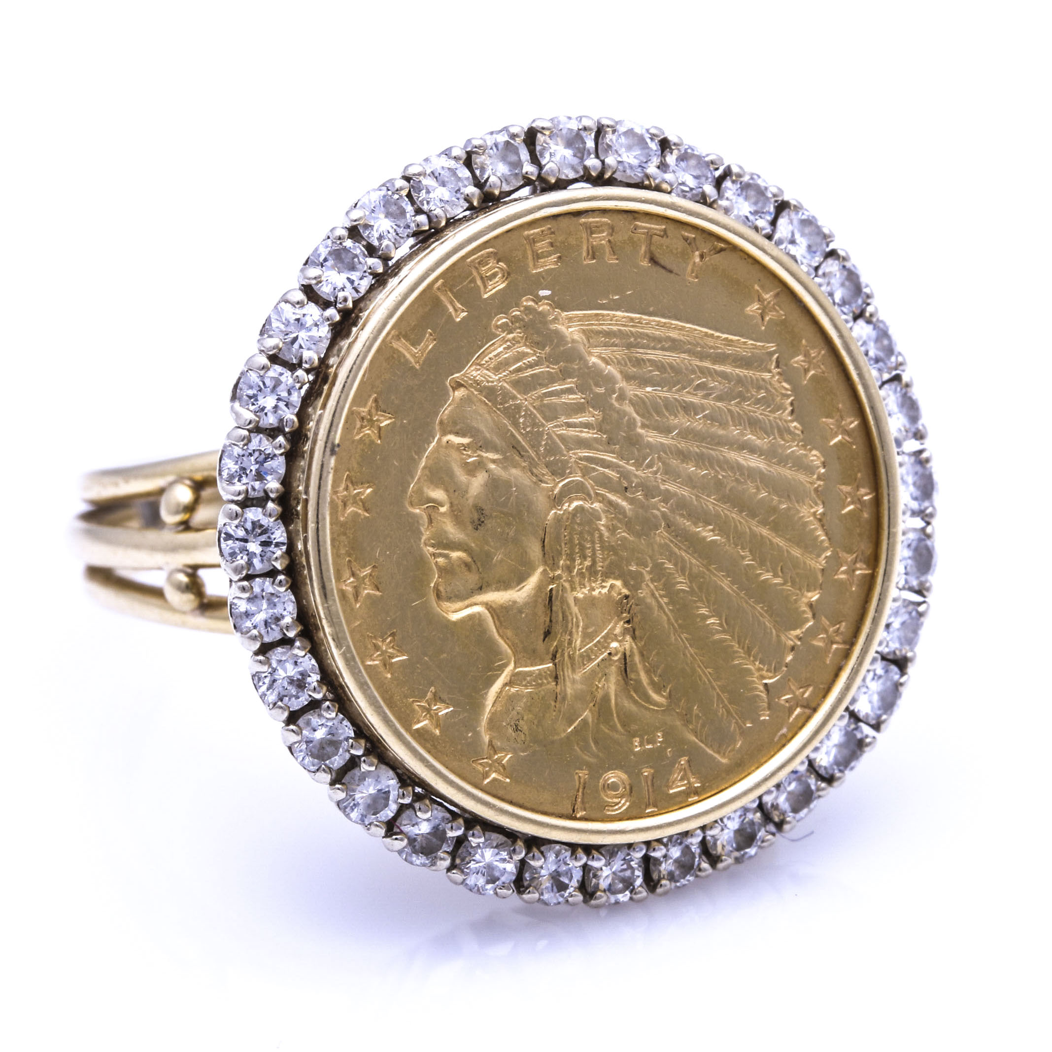 14K Yellow Gold Diamond Ring with 22K Gold Quarter Eagle Coin | EBTH