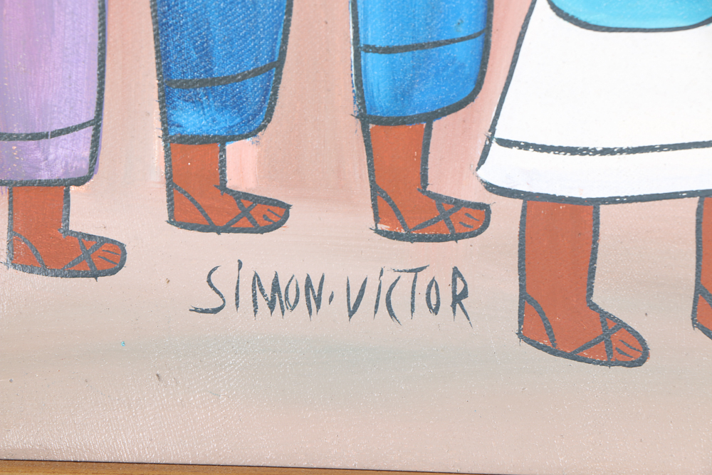 Simon Victor Folk Art Oil on Canvas of a Crowd of People | EBTH