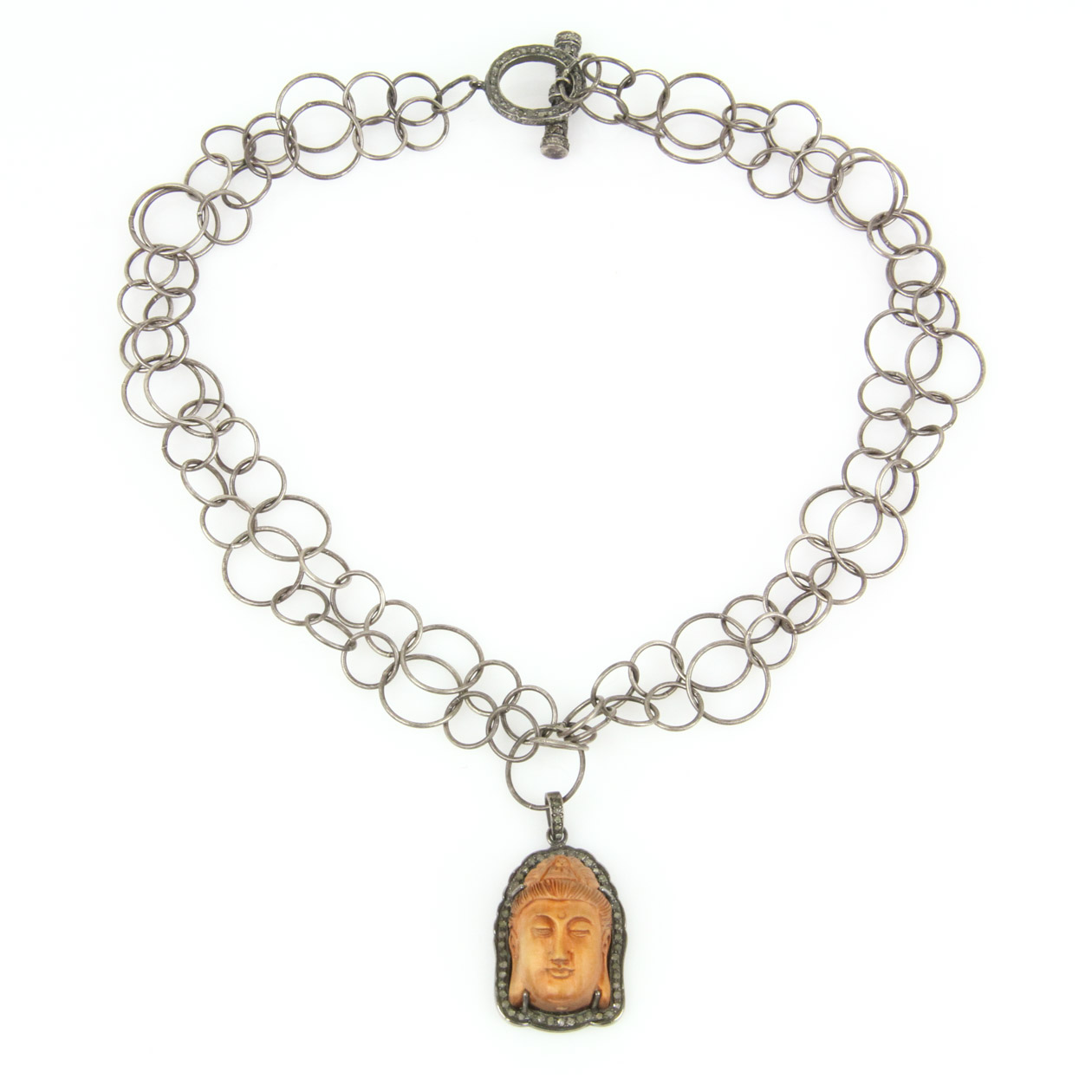 Carved Wood and Diamond Quan Yin Pendant with Sterling Link Chain | EBTH