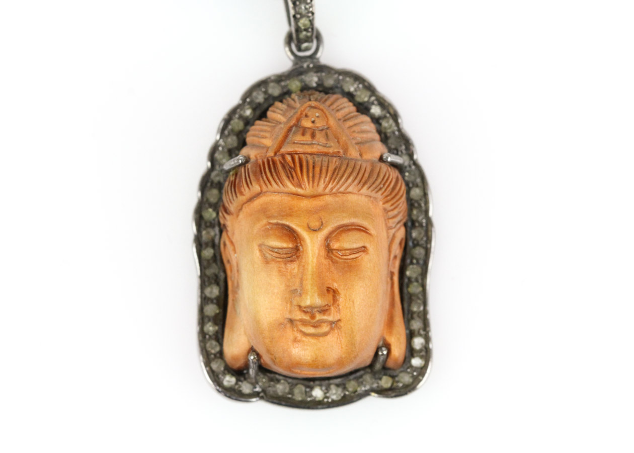 Carved Wood and Diamond Quan Yin Pendant with Sterling Link Chain | EBTH