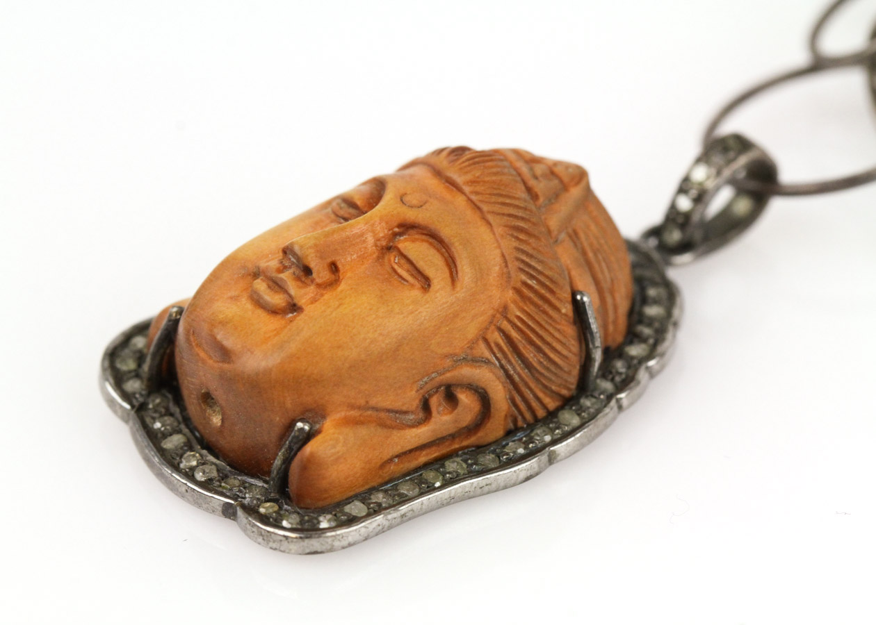 Carved Wood and Diamond Quan Yin Pendant with Sterling Link Chain | EBTH