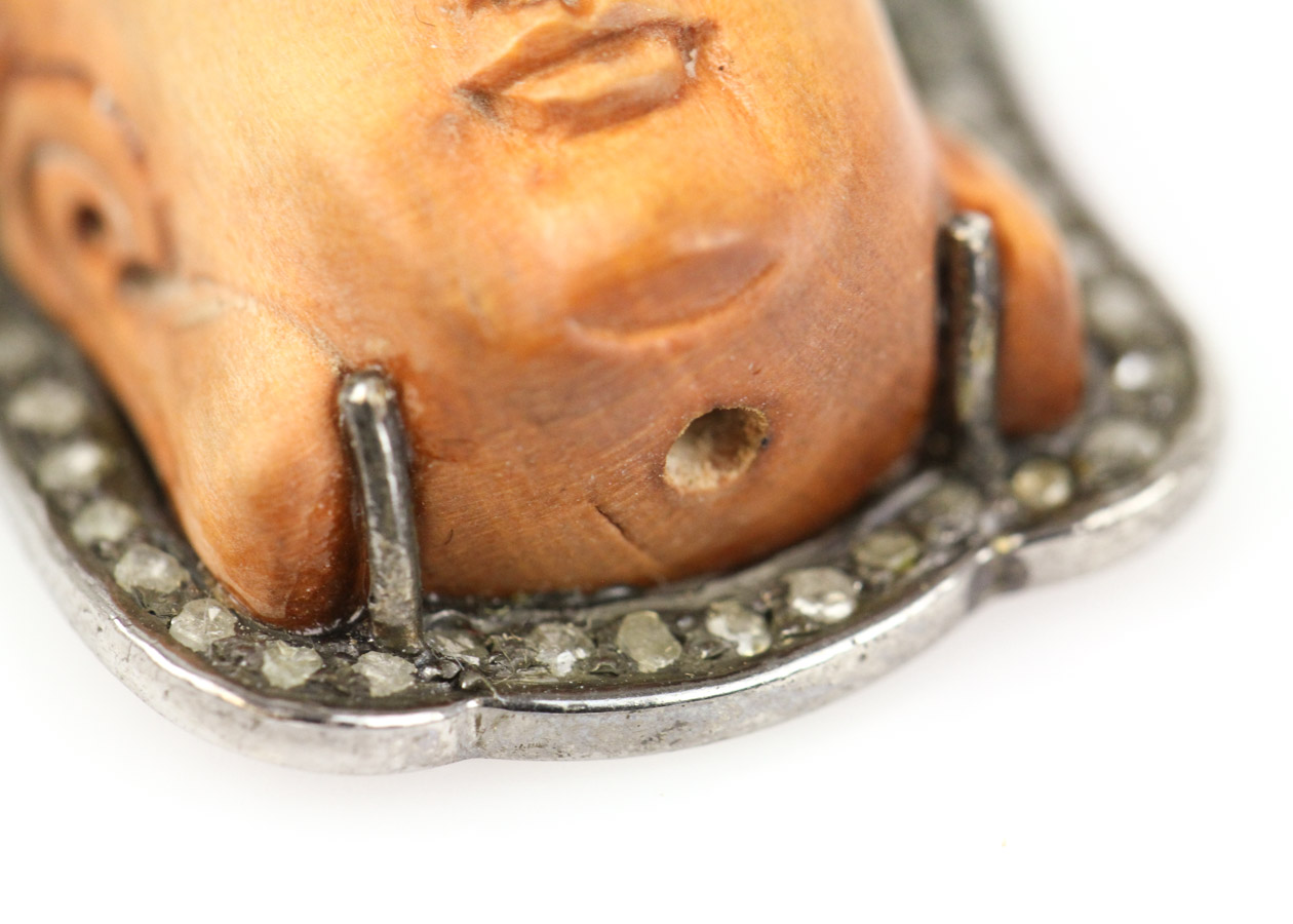 Carved Wood and Diamond Quan Yin Pendant with Sterling Link Chain | EBTH