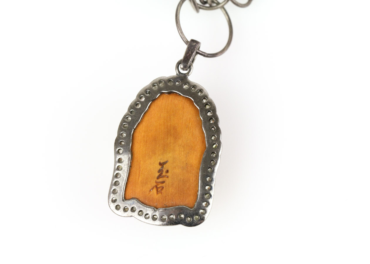 Carved Wood and Diamond Quan Yin Pendant with Sterling Link Chain | EBTH