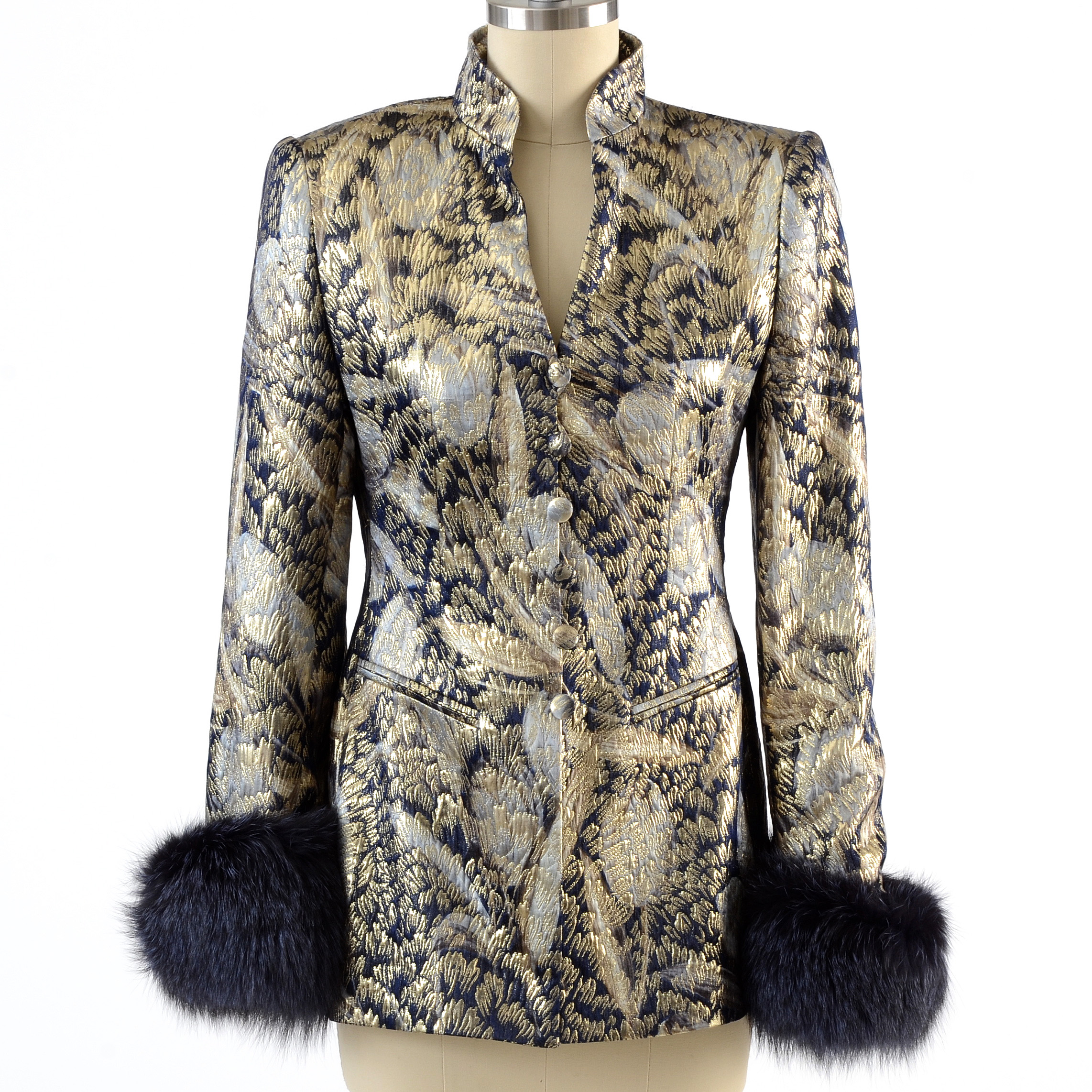 Escada Couture Metallic Gold and Midnight Blue Brocade Jacket with Dyed ...