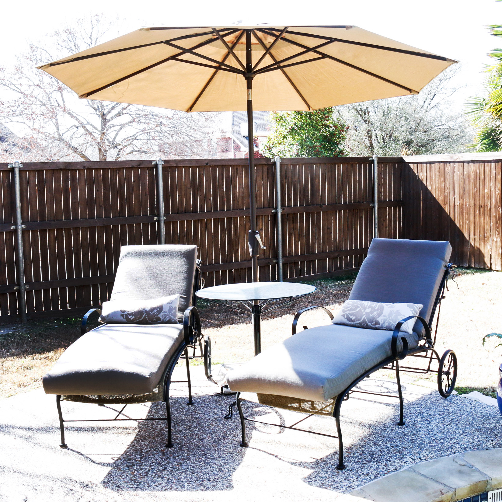 Patio Chaise Lounges, Umbrella and Side Table | EBTH