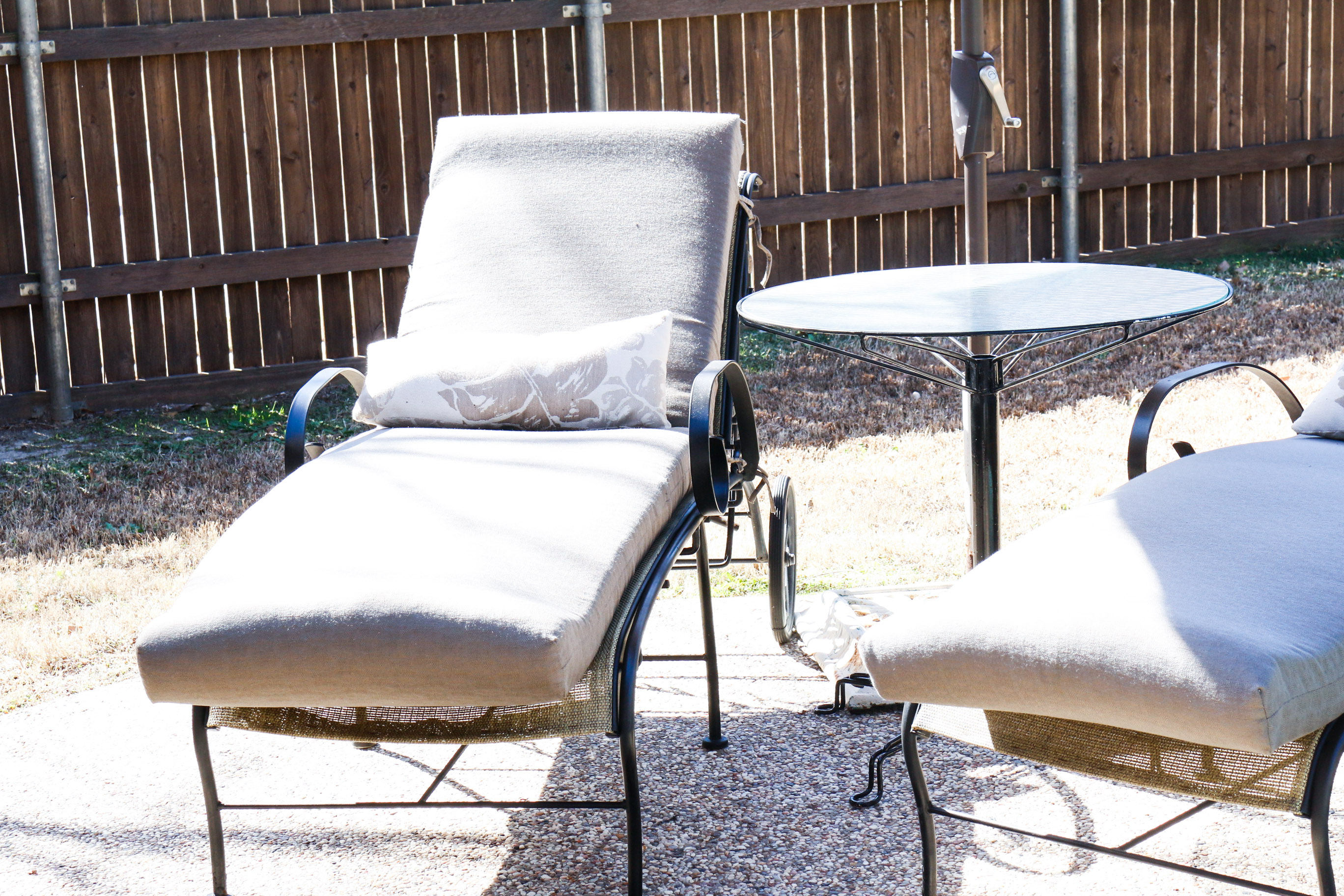 Patio Chaise Lounges, Umbrella and Side Table | EBTH