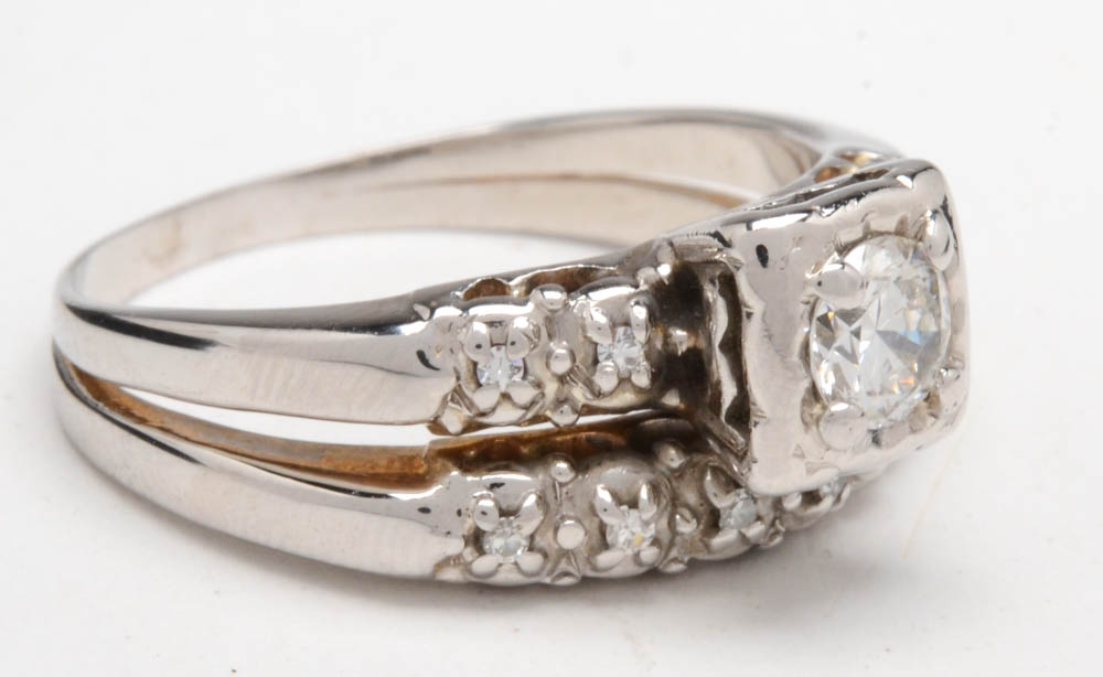 Vintage 14K White Gold Diamond Wedding Ring Conjoined Set | EBTH