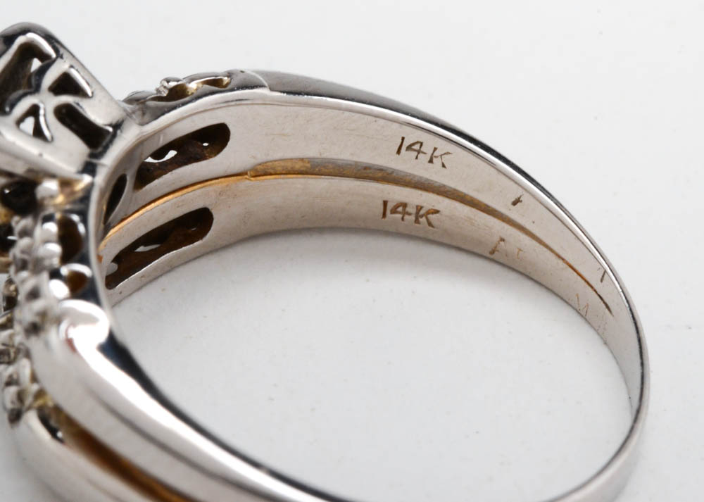 Vintage 14K White Gold Diamond Wedding Ring Conjoined Set | EBTH