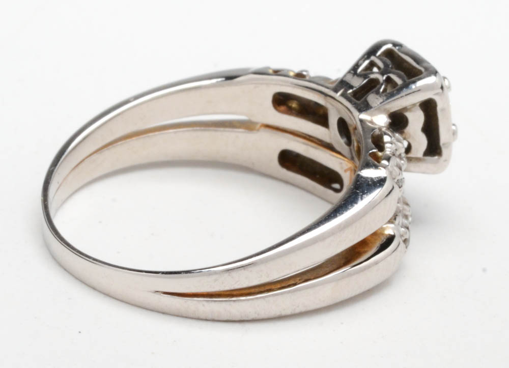 Vintage 14K White Gold Diamond Wedding Ring Conjoined Set | EBTH