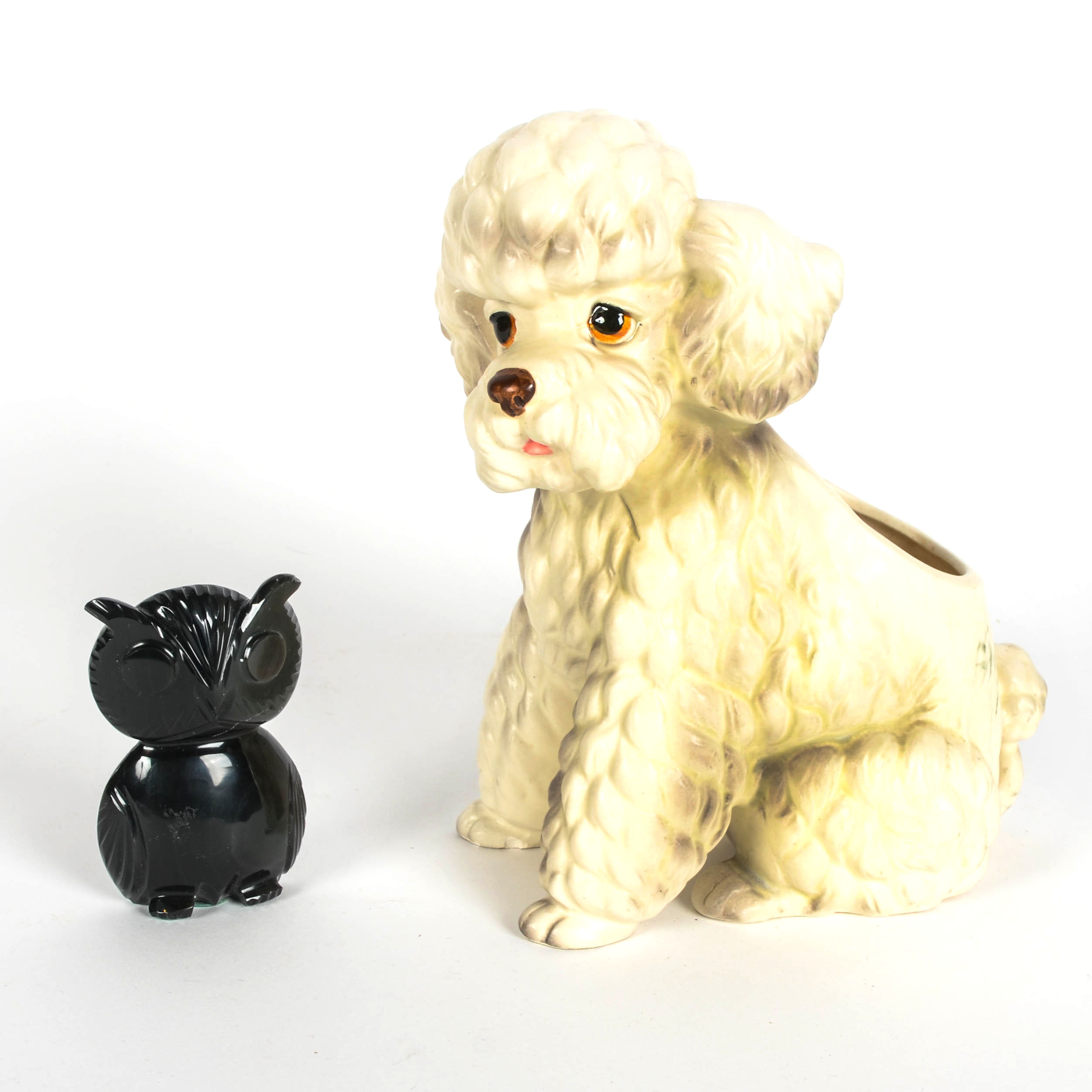 Ceramic Poodle Planter and Black Stone Owl | EBTH