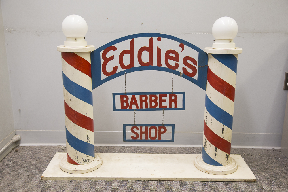 Vintage Handmade Eddie's Barber Shop Window SIgn | EBTH