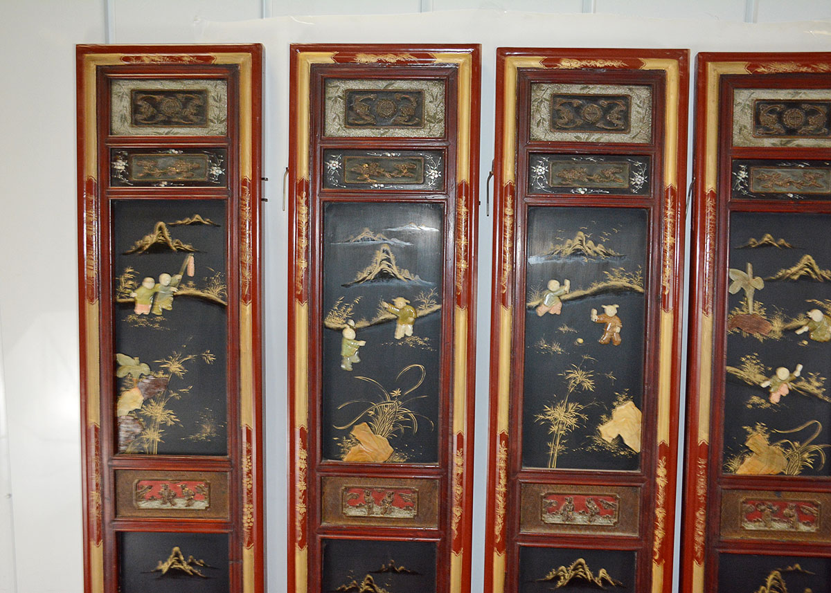Chinese Six Panel Room Divider With Carved Stone Figures | EBTH