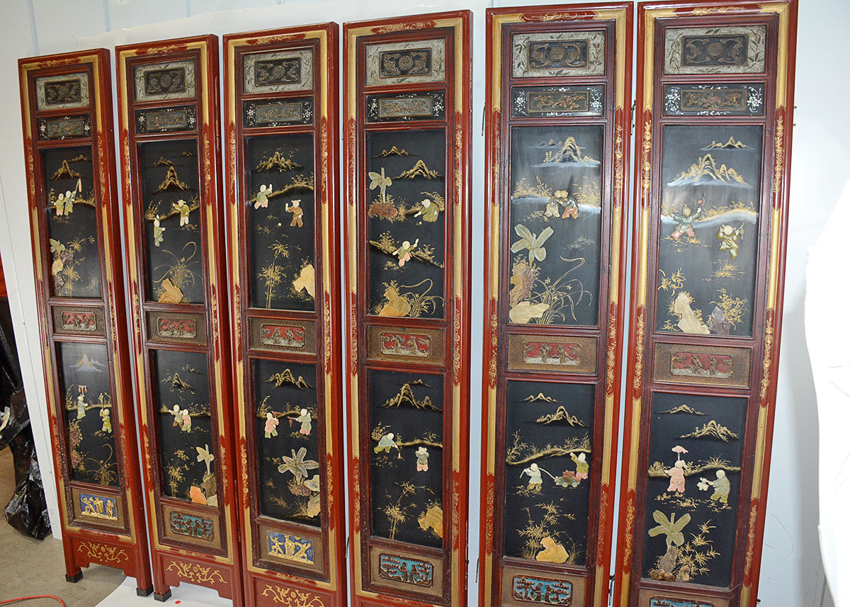 Chinese Six Panel Room Divider With Carved Stone Figures | EBTH