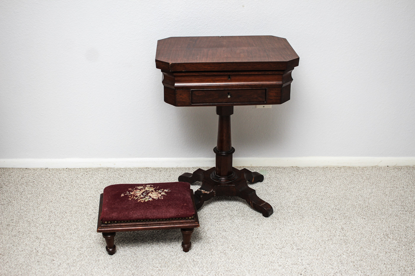 Antique Sewing Table with Embroidered Foot Stool | EBTH