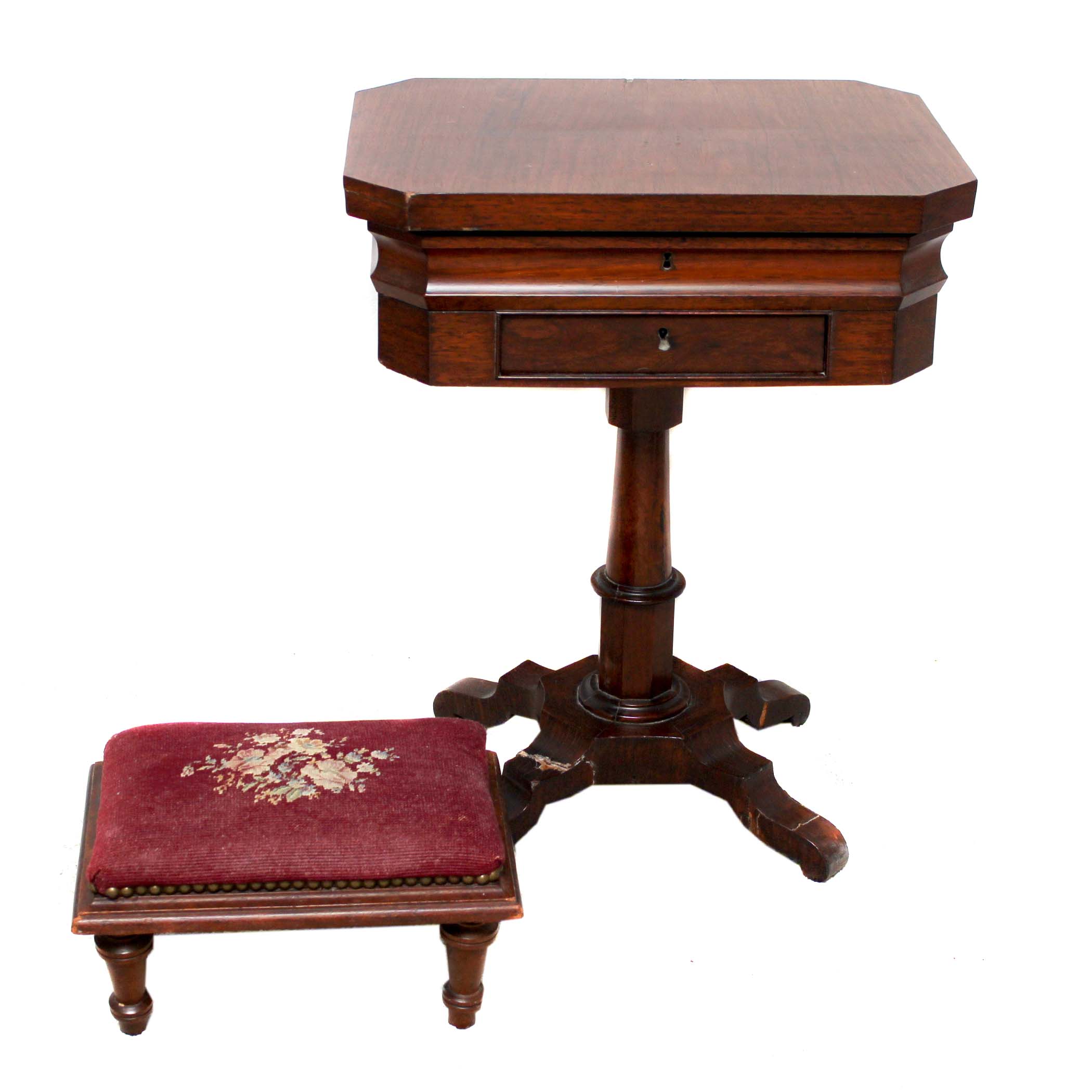 Antique Sewing Table with Embroidered Foot Stool | EBTH