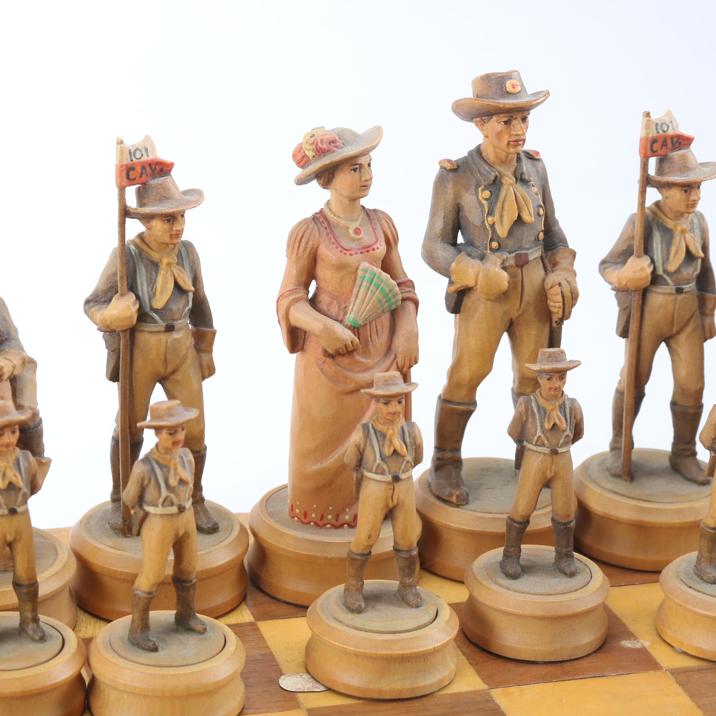 Anri Hand-Carved "Cowboy and Indian" Chess Set | EBTH