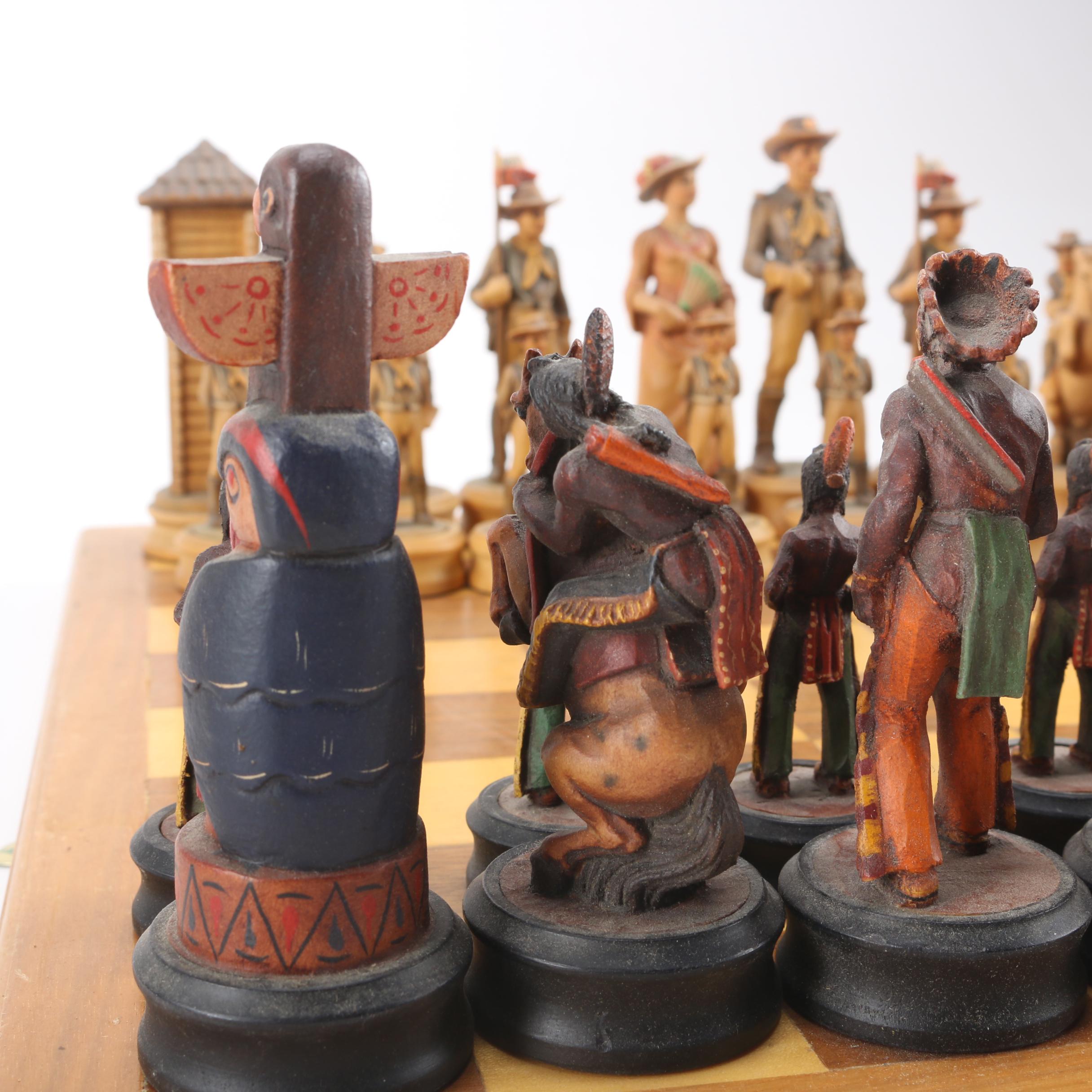 Anri Hand-Carved "Cowboy and Indian" Chess Set | EBTH