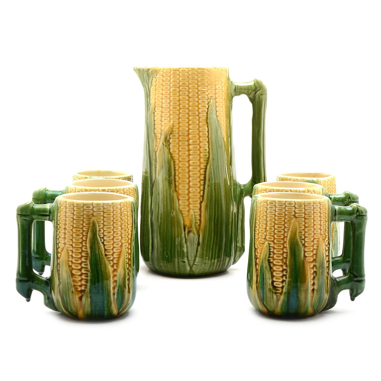 Brush McCoy Pottery Majolica Corn Pitcher with Mugs | EBTH