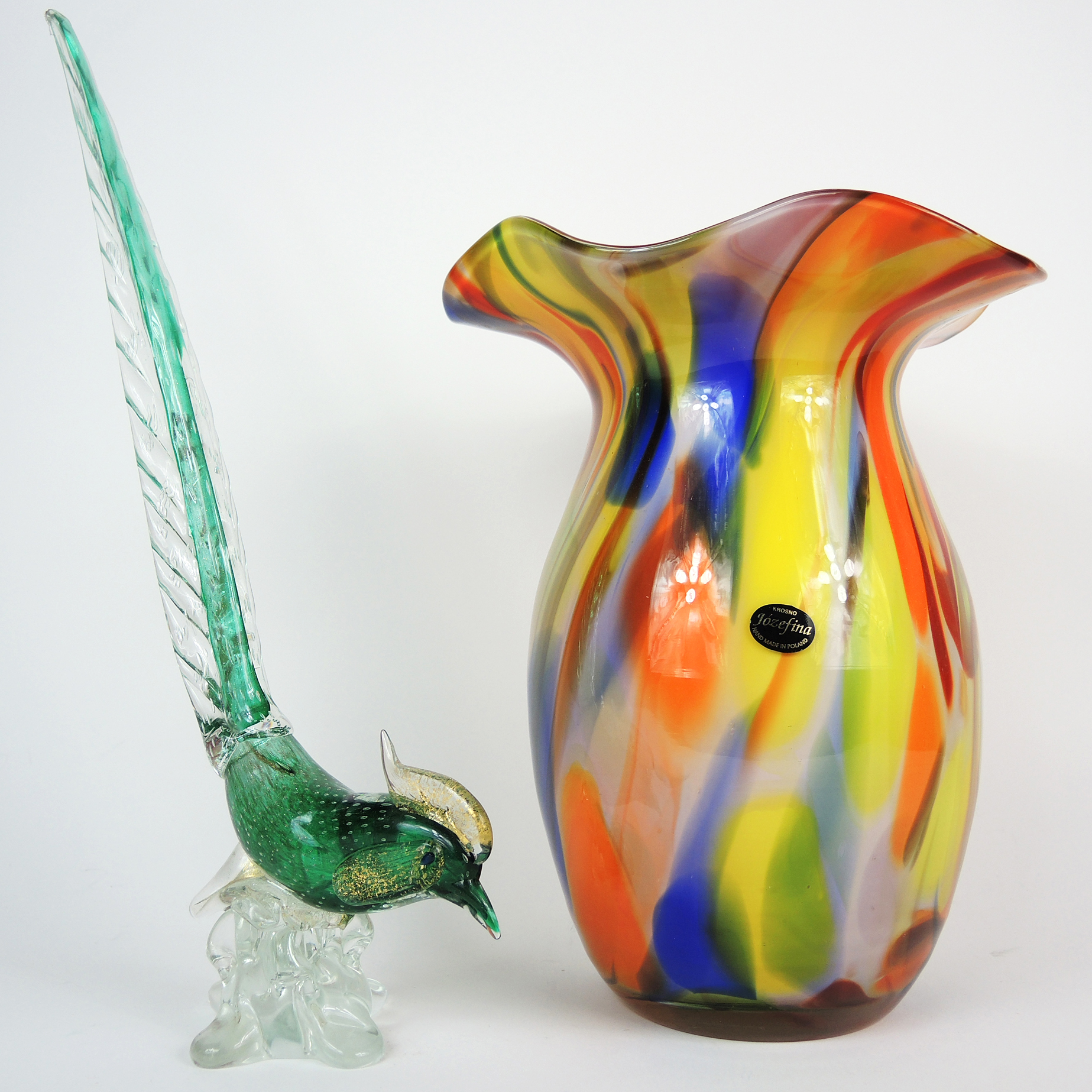 Polish Art Glass Jozefina Vase and Murano-Style Bird | EBTH