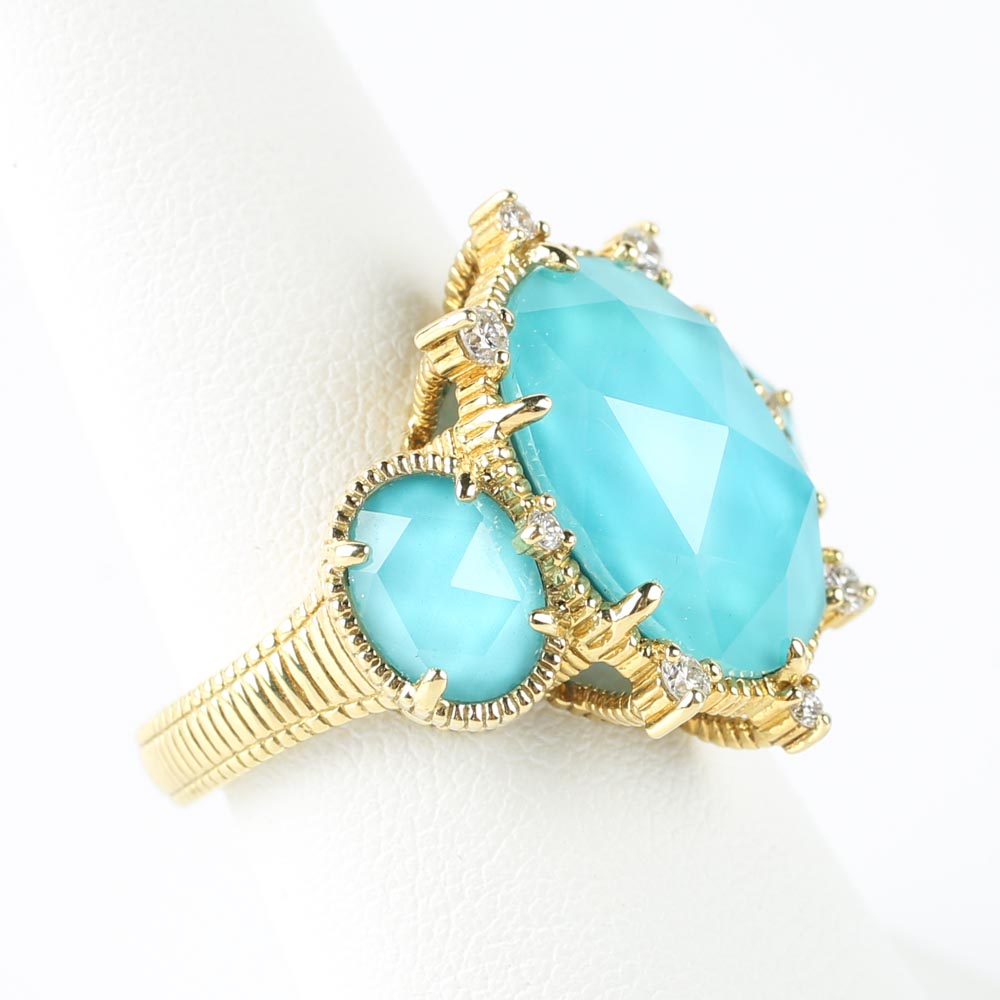 18K Yellow Gold Judith Ripka Turquoise Quartz Doublet and Diamond Ring ...