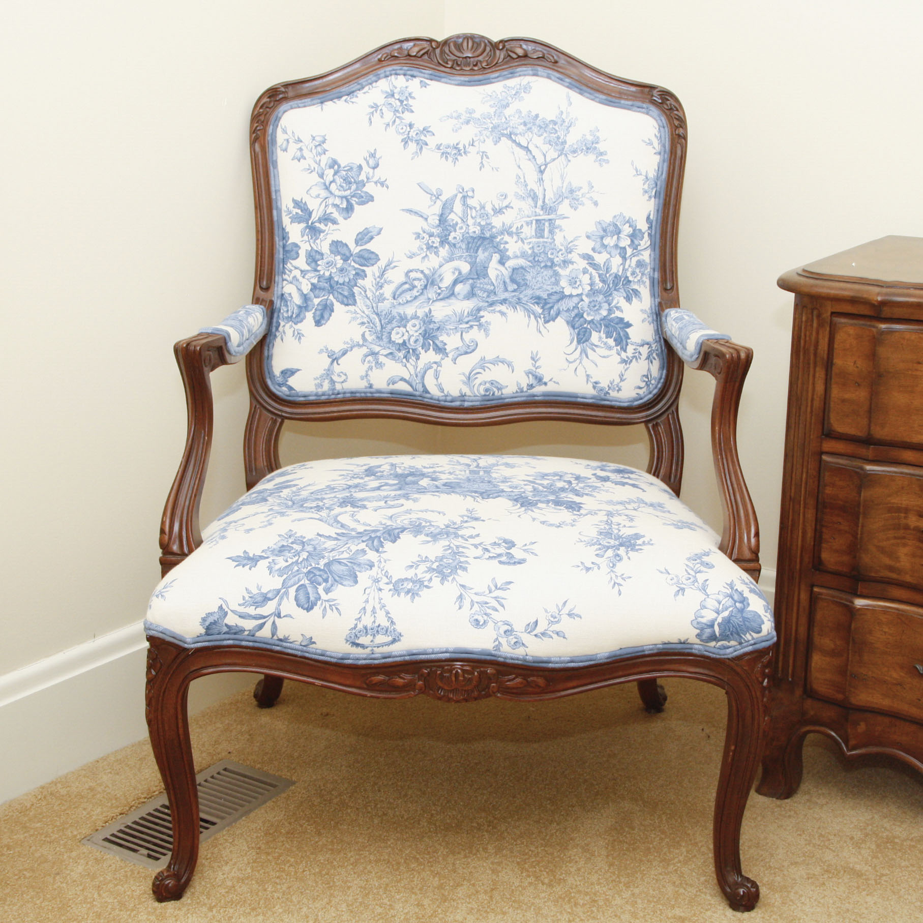 French Blue and White Toile Fabric Fauteuil Chair | EBTH