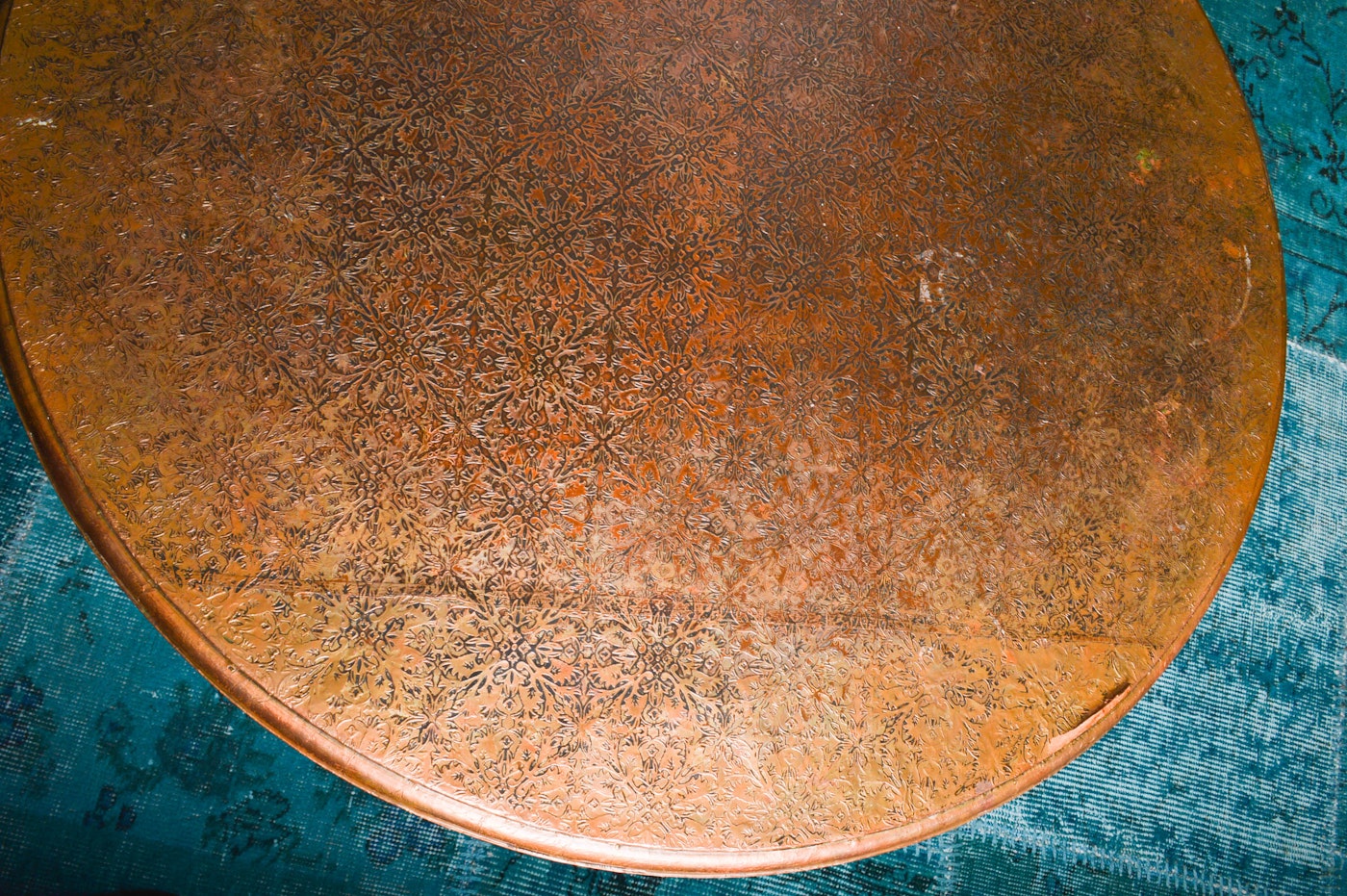 Arhaus Furniture Round Coffee Table With Copper Overlay EBTH arhaus-furniture-round-coffee-table-with-copper-overlay-ebth