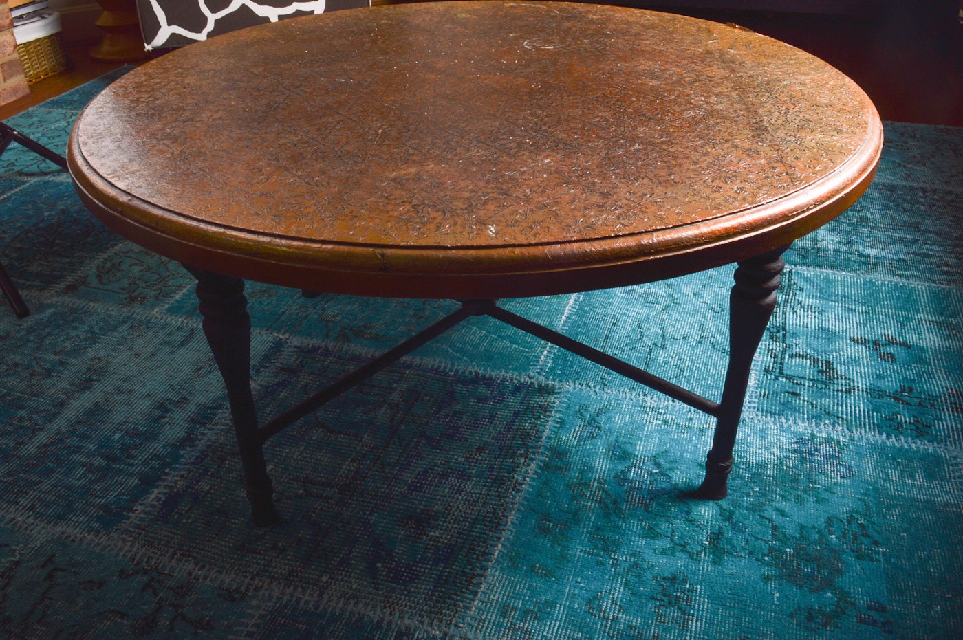 Arhaus Furniture Round Coffee Table With Copper Overlay EBTH arhaus-furniture-round-coffee-table-with-copper-overlay-ebth