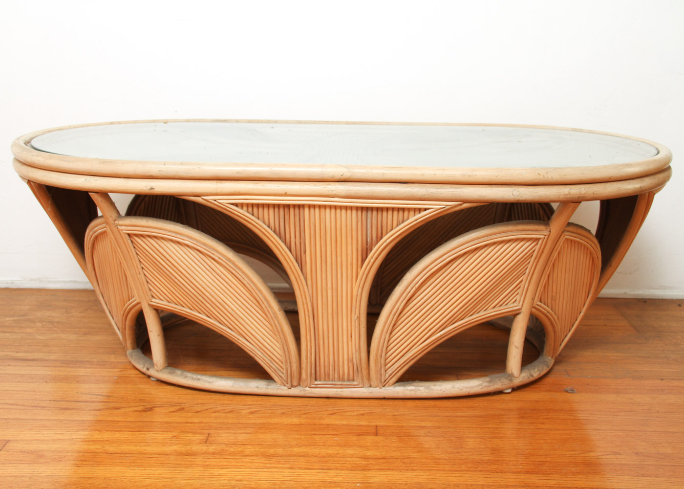 Art Deco Style Oval Rattan and Glass Coffee Table | EBTH