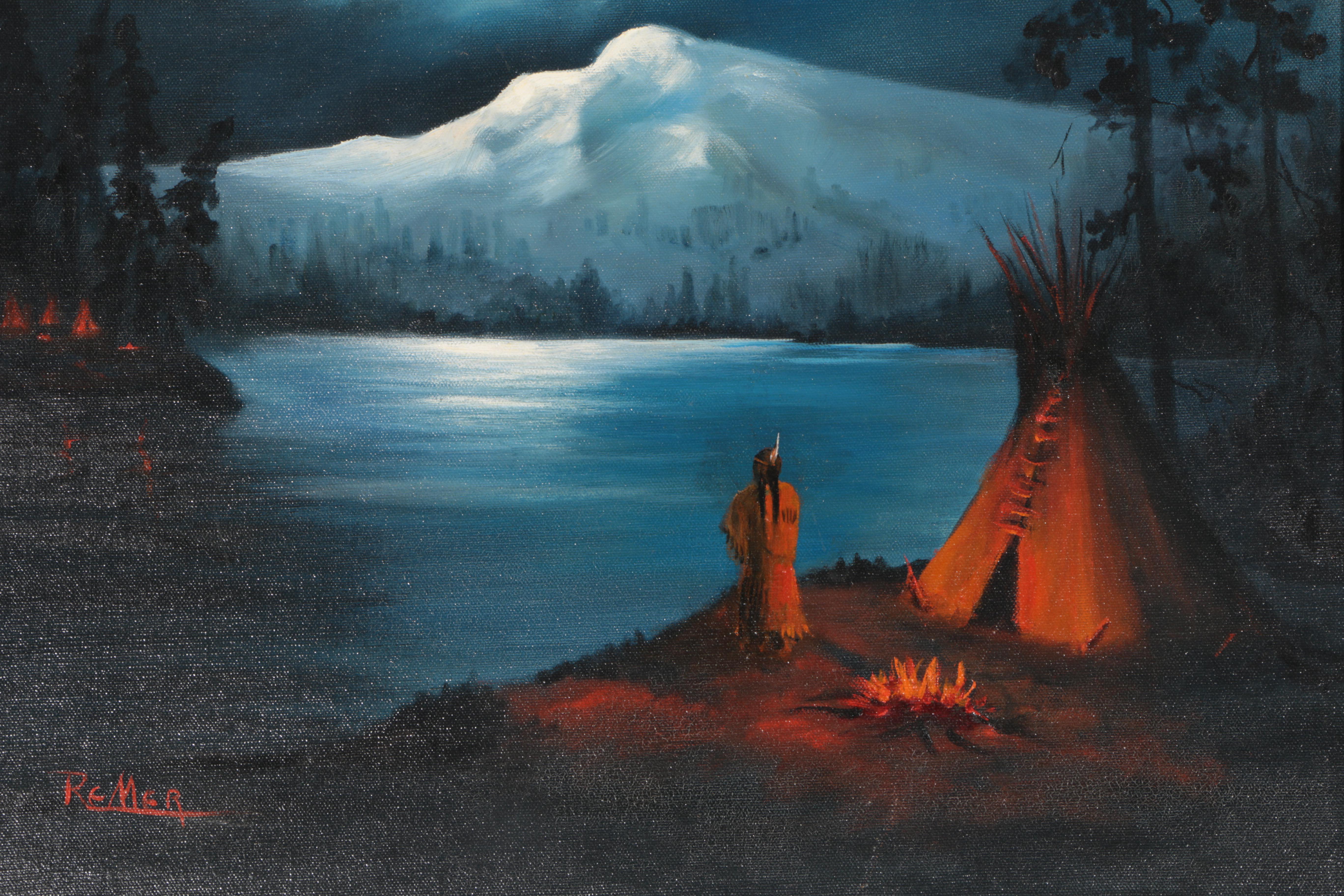 Remer Oil Painting on Canvas of Native American Campsite | EBTH