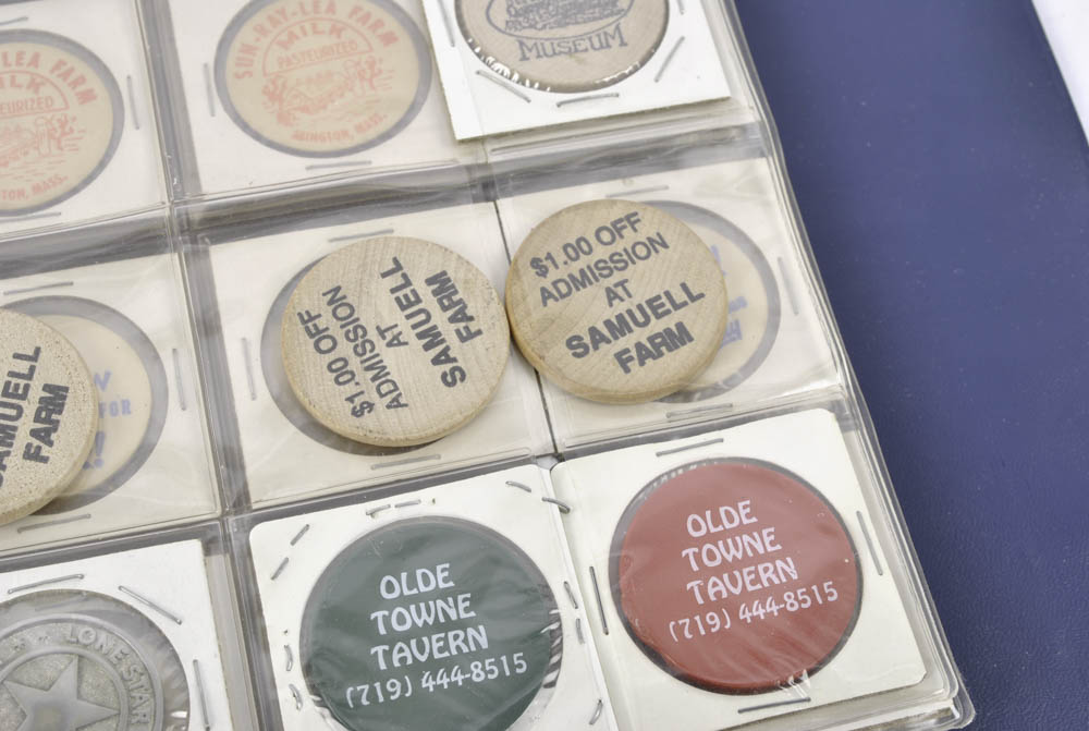 Collection of Vintage Wooden Tokens and Milk Caps | EBTH