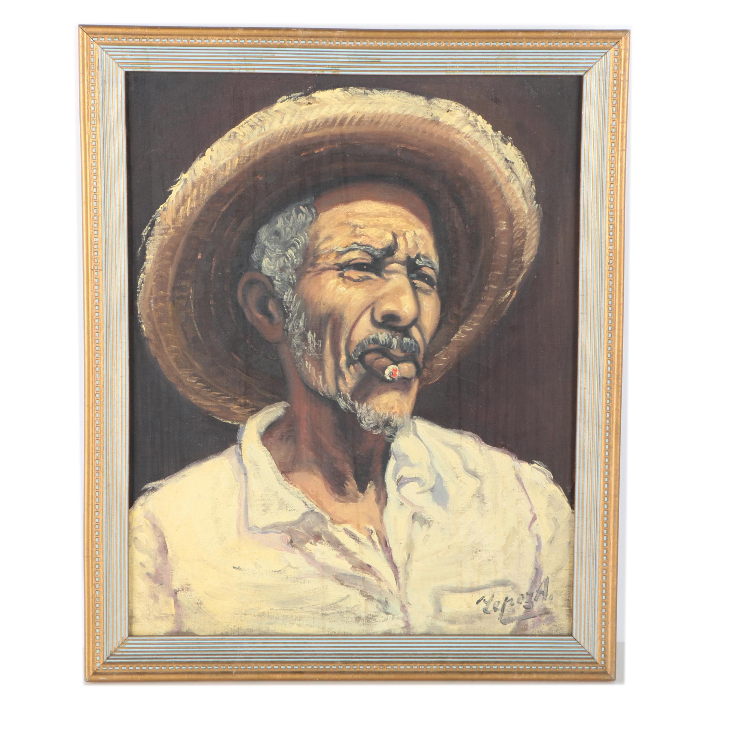 Jose Yepez Arteaga Oil Painting of Man Smoking Cigar | EBTH