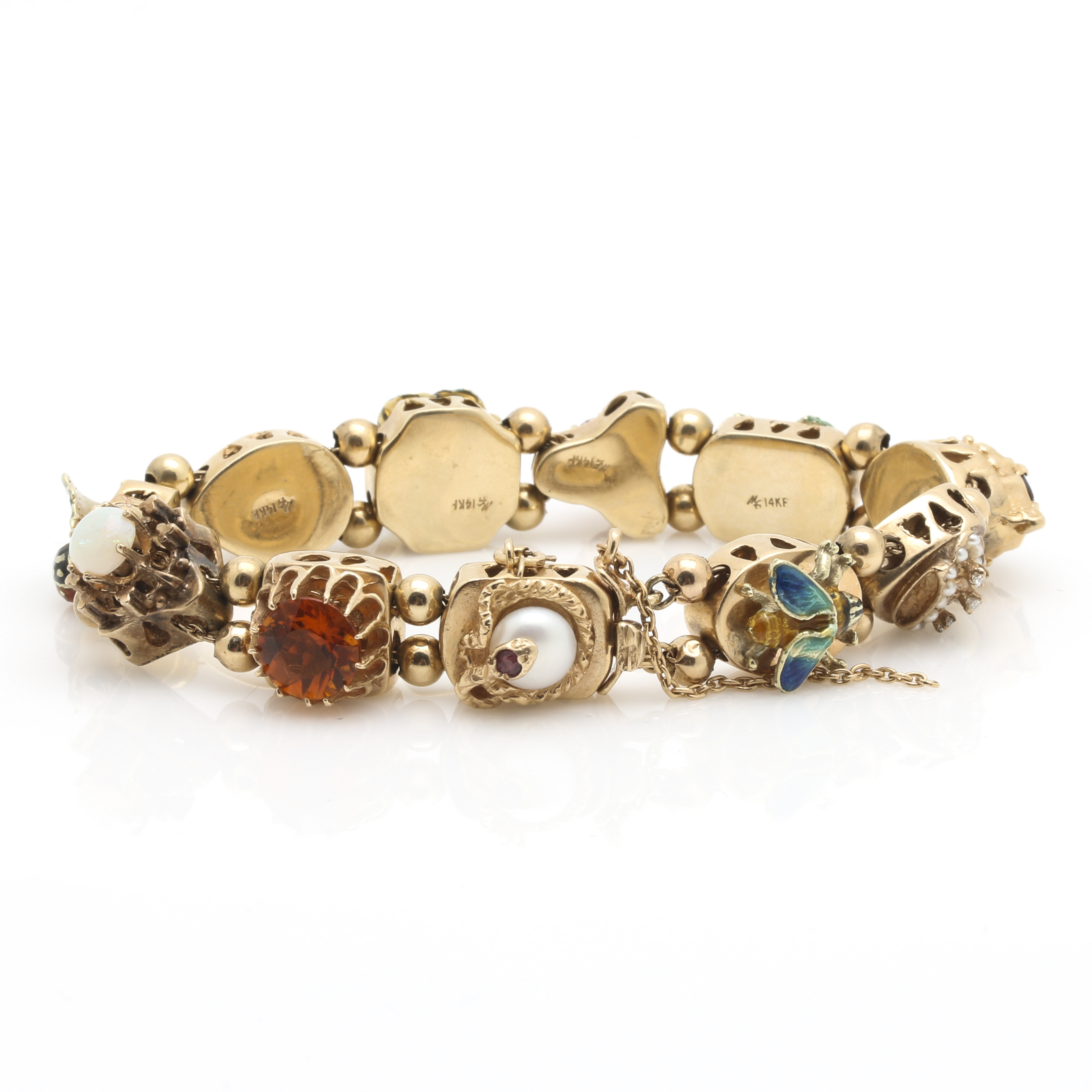 14K Yellow Gold Slide Charm Bracelet with Assorted Gemstones and Enamel ...