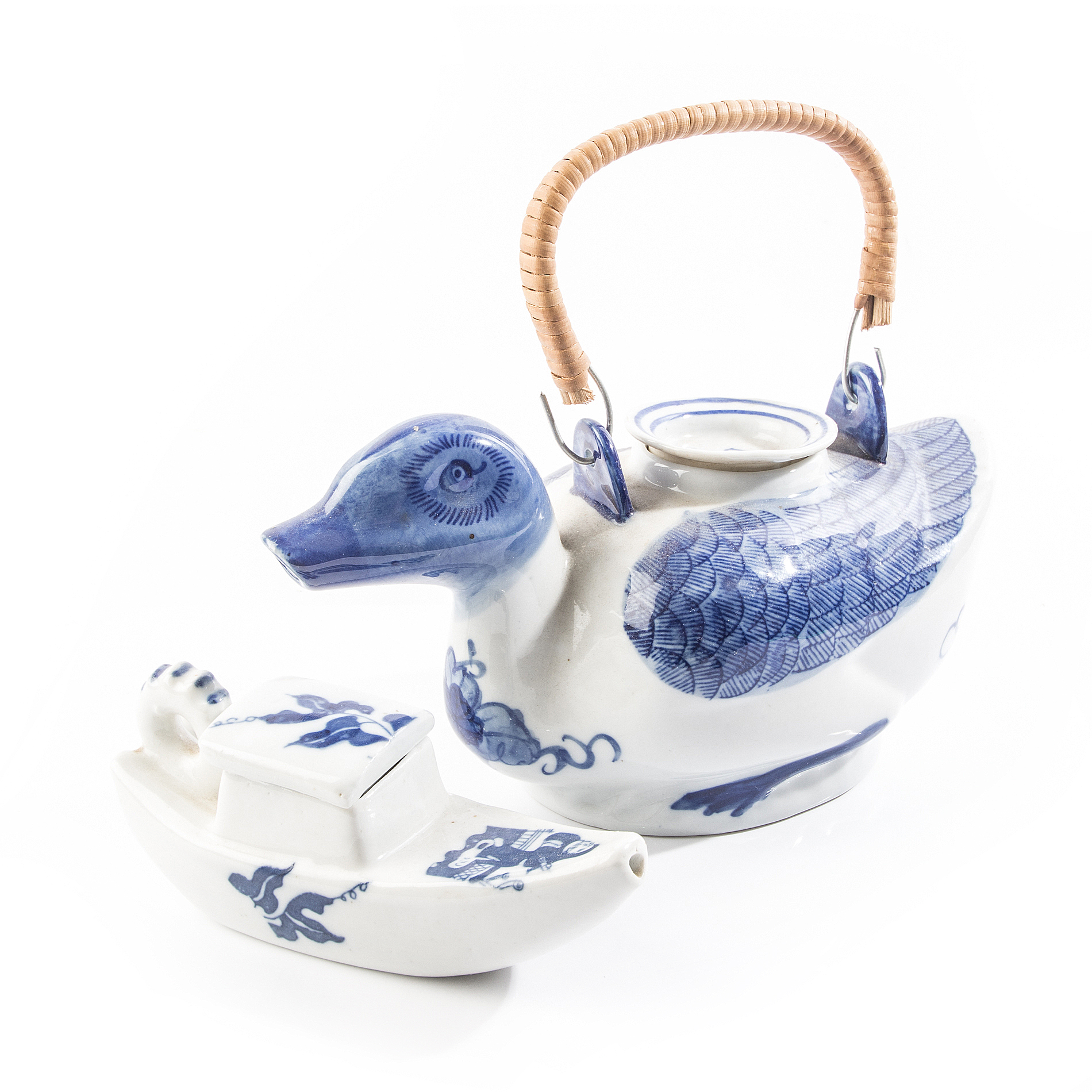 Blue and White Porcelain Duck Teapot and Boat Creamer | EBTH