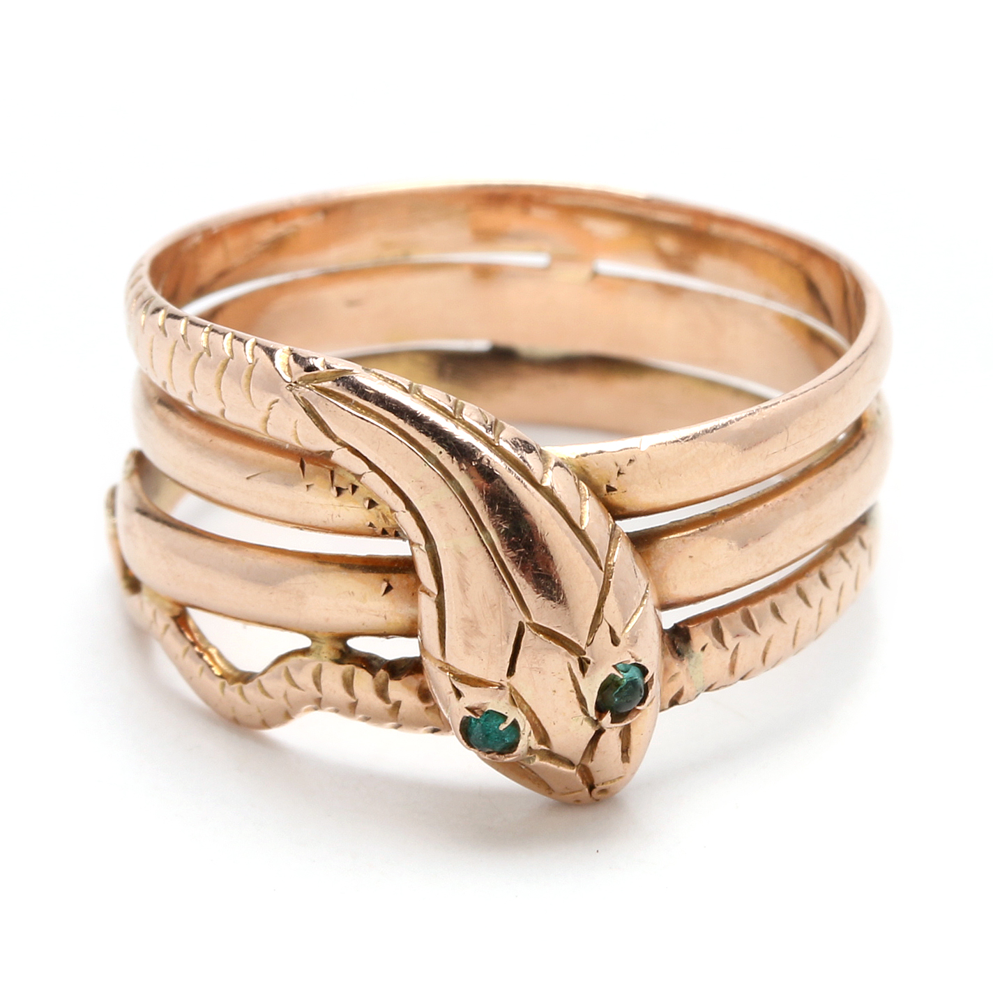 Victorian Revival 14K Rose Gold Snake Ring with Green Glass Eyes | EBTH