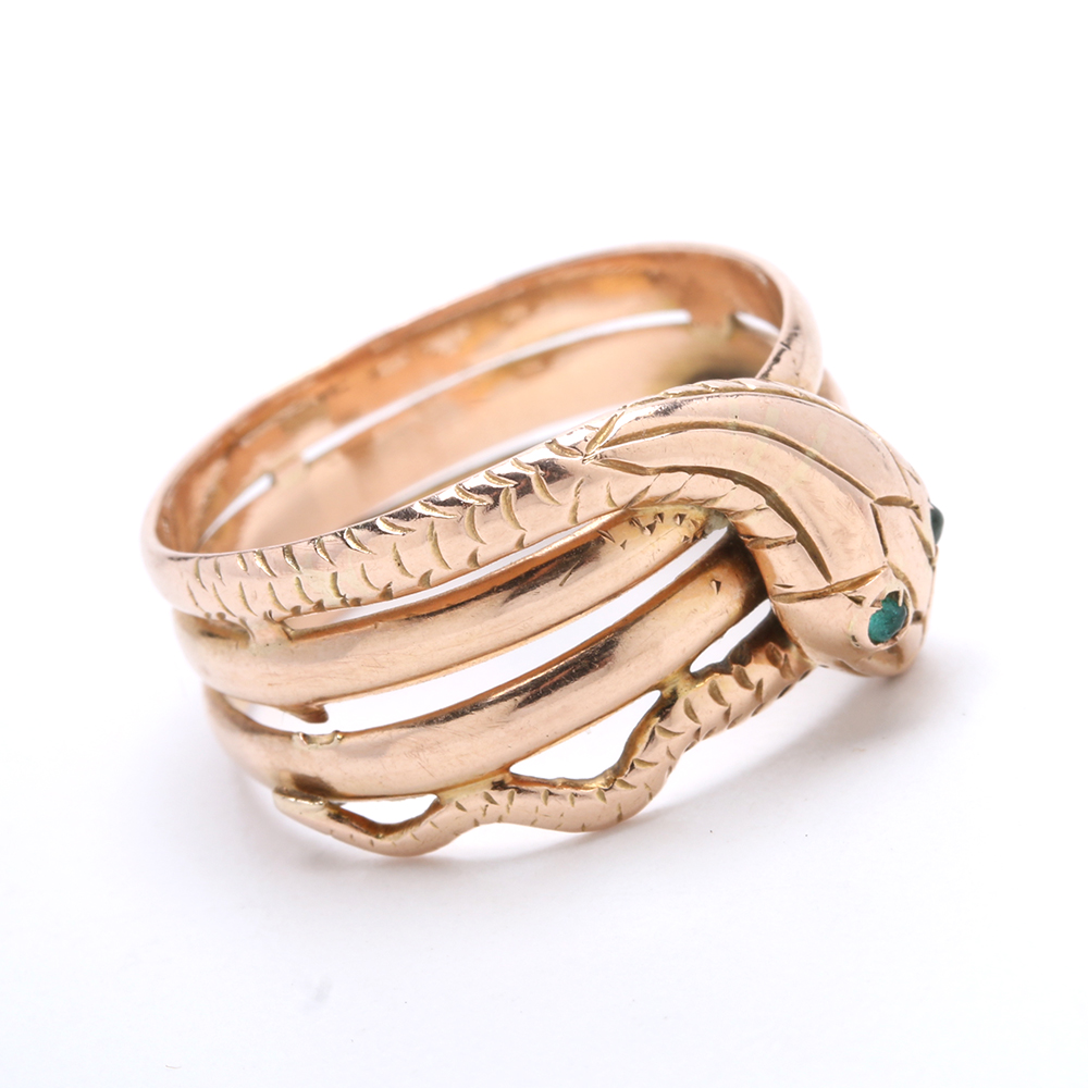 Victorian Revival 14K Rose Gold Snake Ring with Green Glass Eyes | EBTH