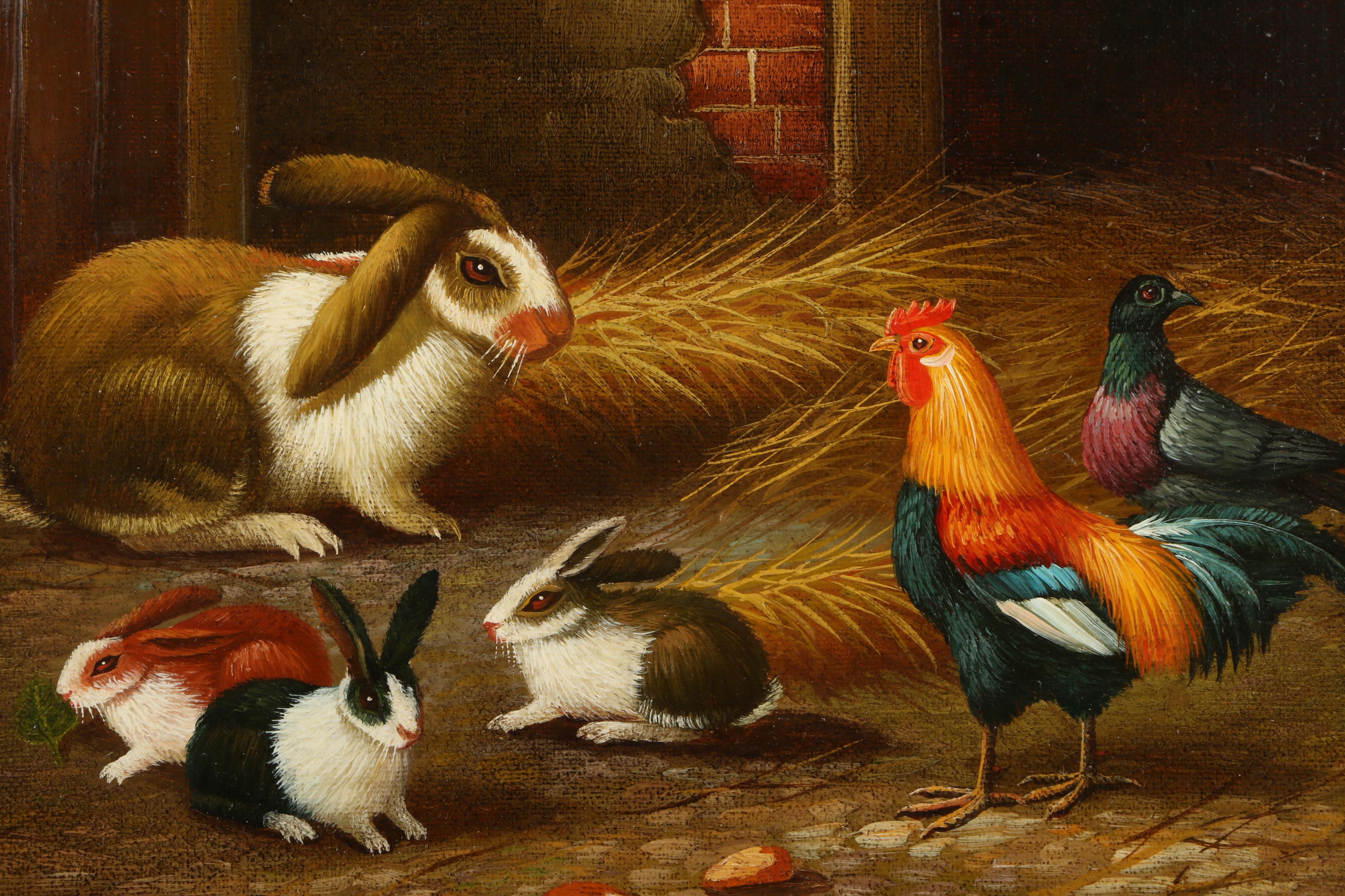 Borofsky Oil Painting on Canvas of Rabbits and a Rooster | EBTH