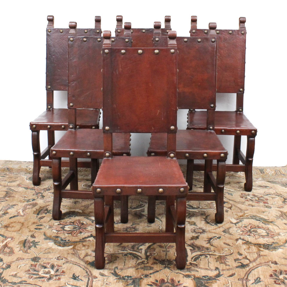 Antique Peruvian Handcrafted Leather Tooled Dining Chair Set | EBTH