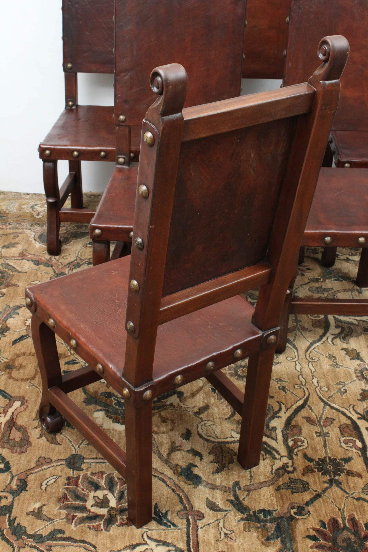 Antique Peruvian Handcrafted Leather Tooled Dining Chair Set | EBTH