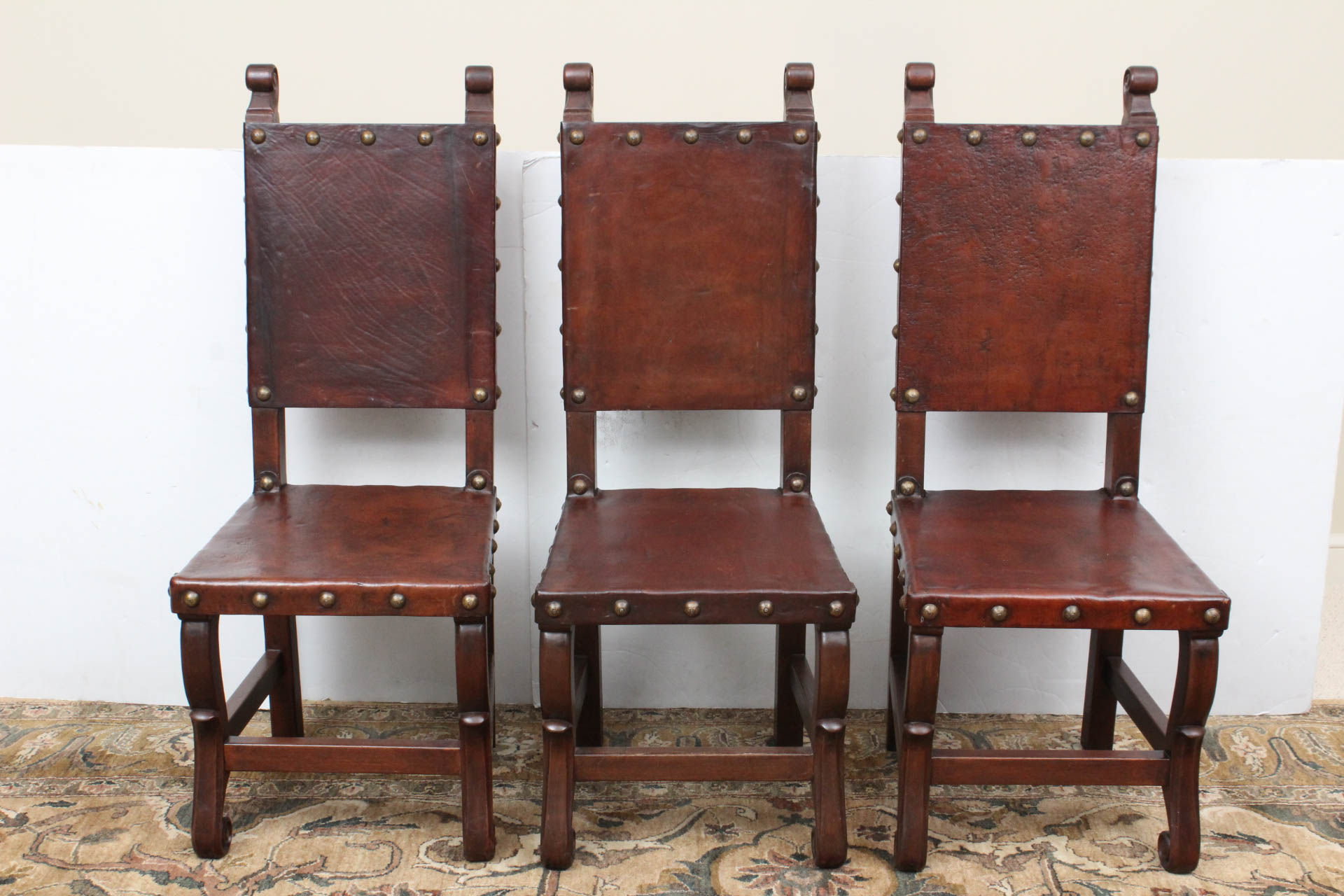 Antique Peruvian Handcrafted Leather Tooled Dining Chair Set | EBTH