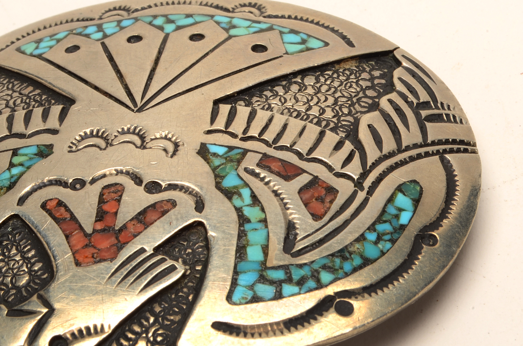 J. Nezzie Navajo Turquoise and Coral Inlaid Eagle Belt Buckle | EBTH