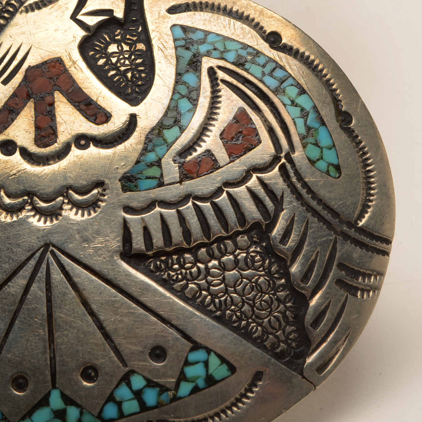 J. Nezzie Navajo Turquoise and Coral Inlaid Eagle Belt Buckle | EBTH