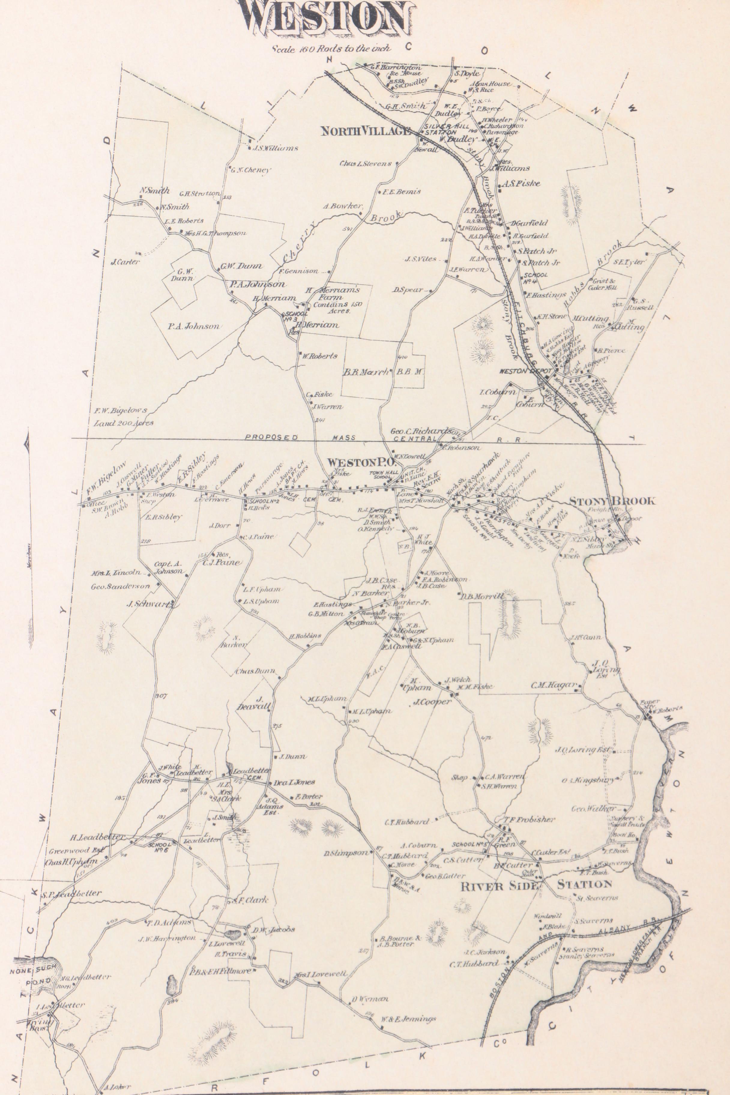Reproduction Print After 1875 Map of Weston, Massachusetts | EBTH