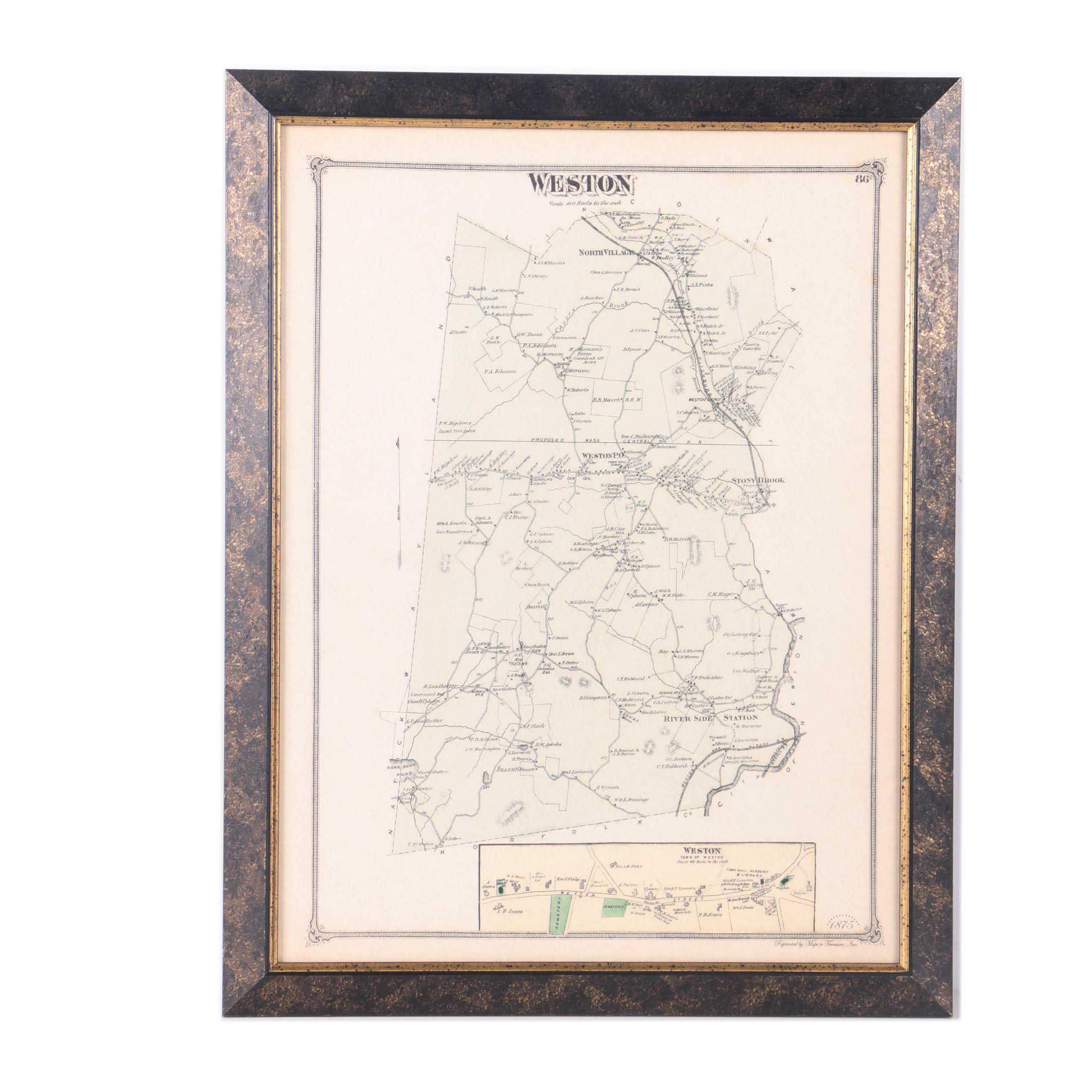 Reproduction Print After 1875 Map of Weston, Massachusetts | EBTH