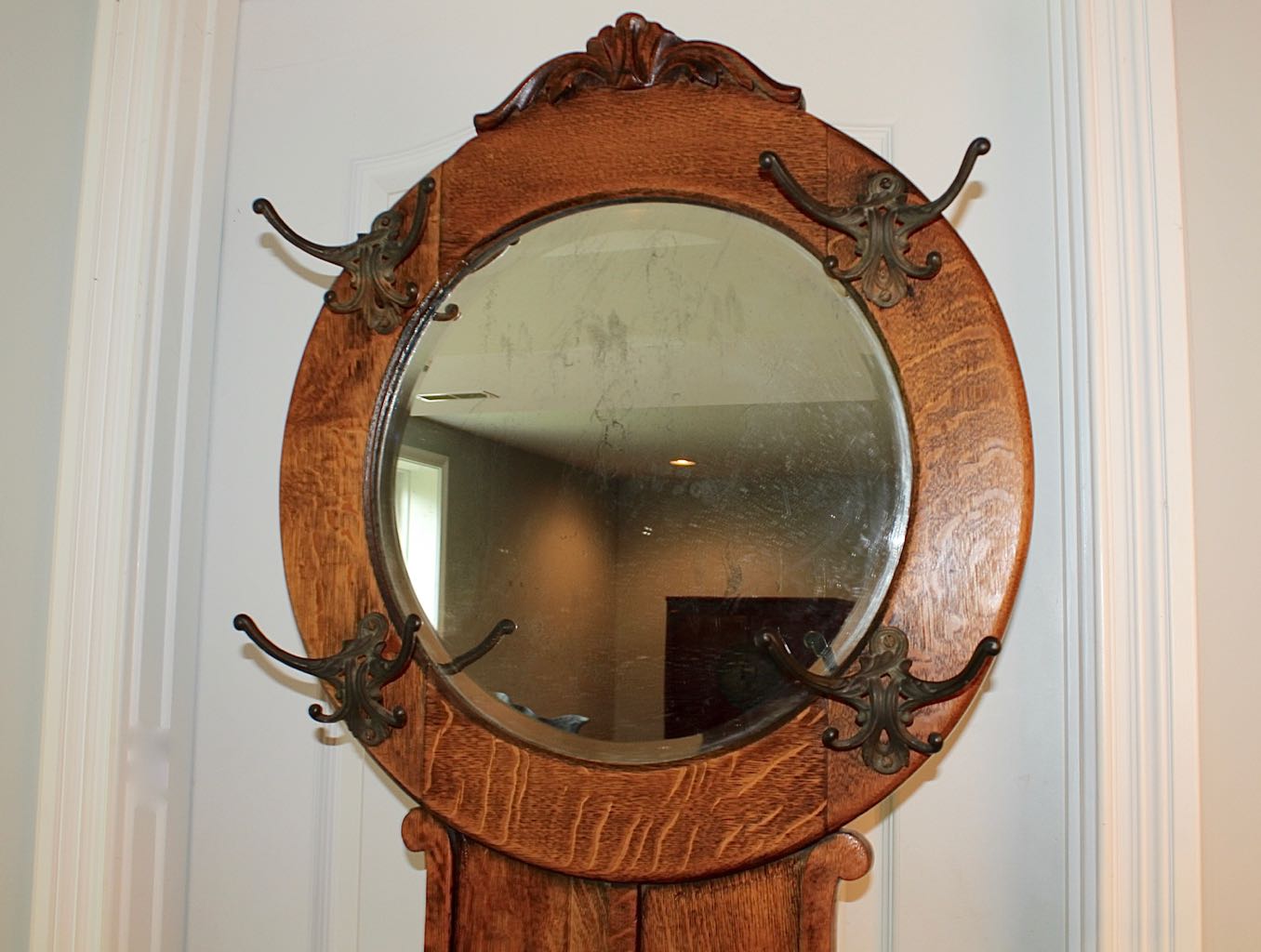 Antique Oak Mirrored Hall Tree Chair with Side Umbrella Stand | EBTH