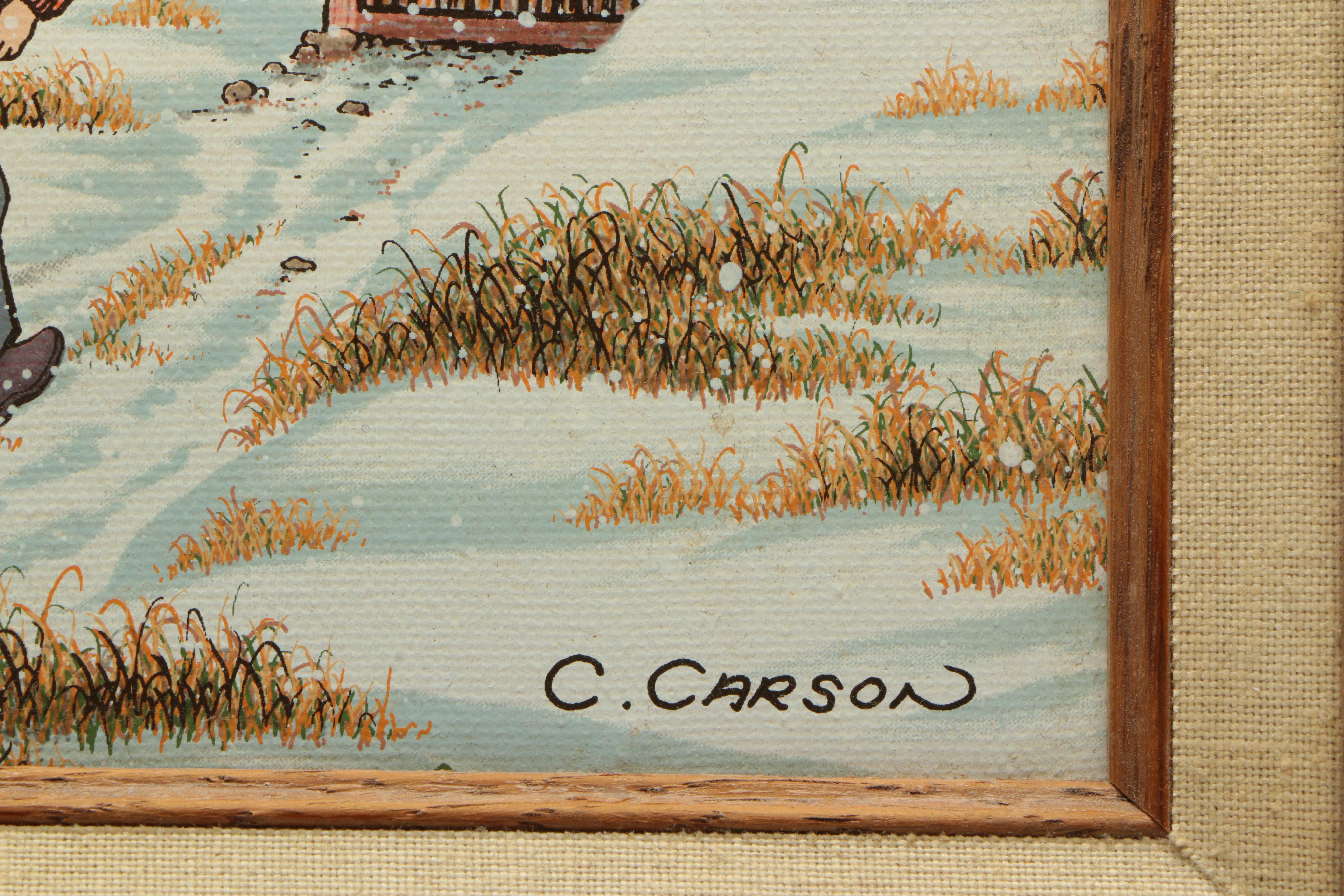 C. Carson Oil Painting of a Young Boy Running to an Outhouse | EBTH