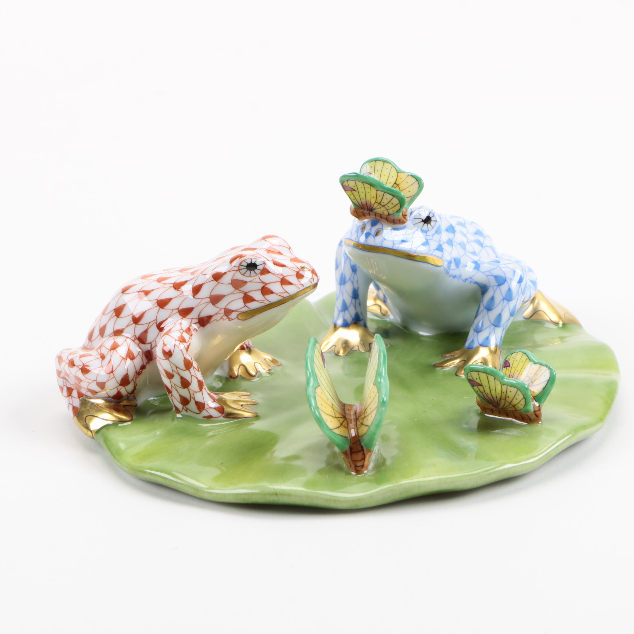 Hand Painted Herend Frogs on Lily Pad Figurine | EBTH